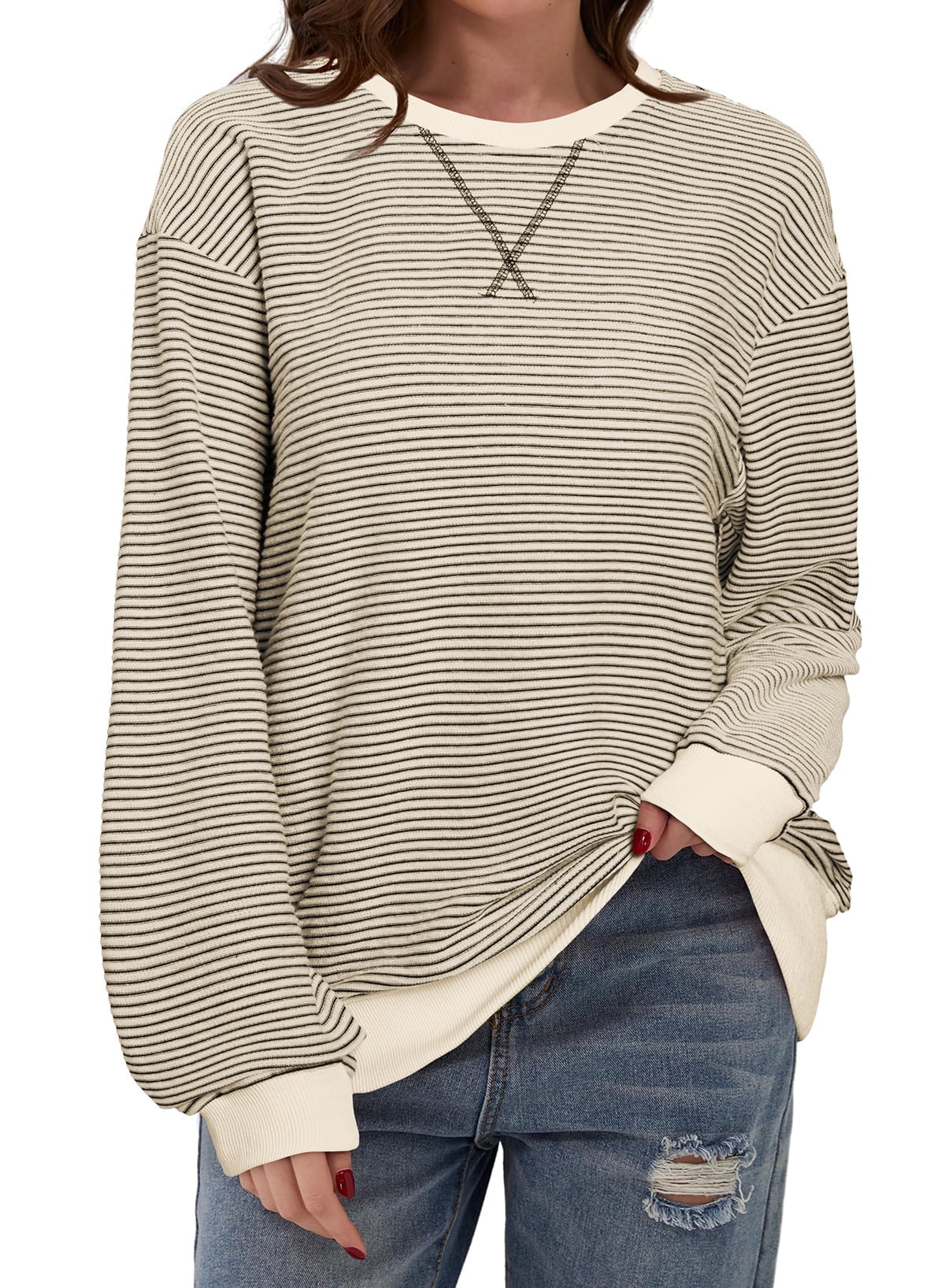 DOKOTOO Womens Oversized Sweatshirts Crew Neck Striped Pullover Tops ...