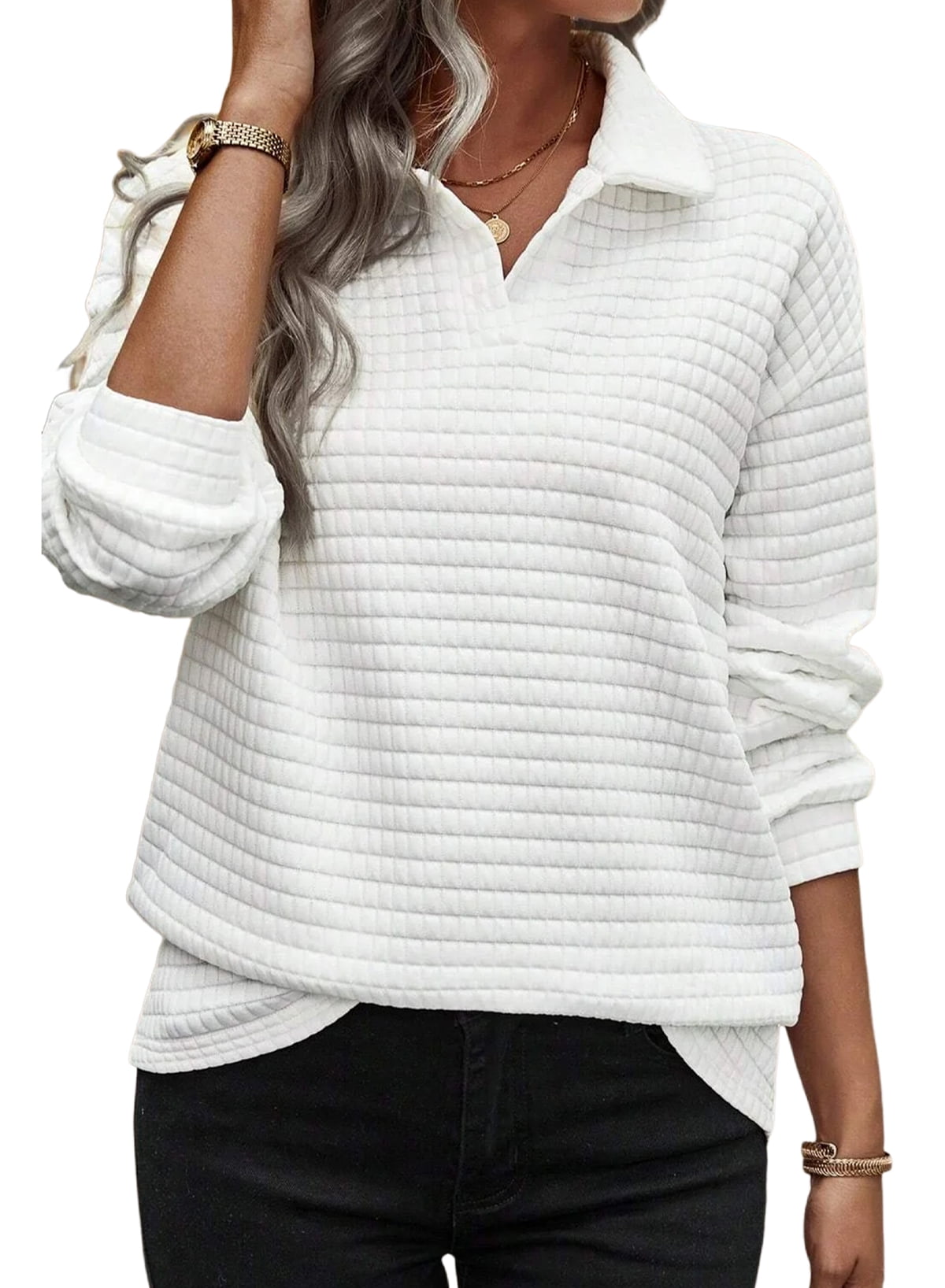 DOKOTOO Sweatshirts for Woman V Neck Long Sleeve Textured Pullover ...