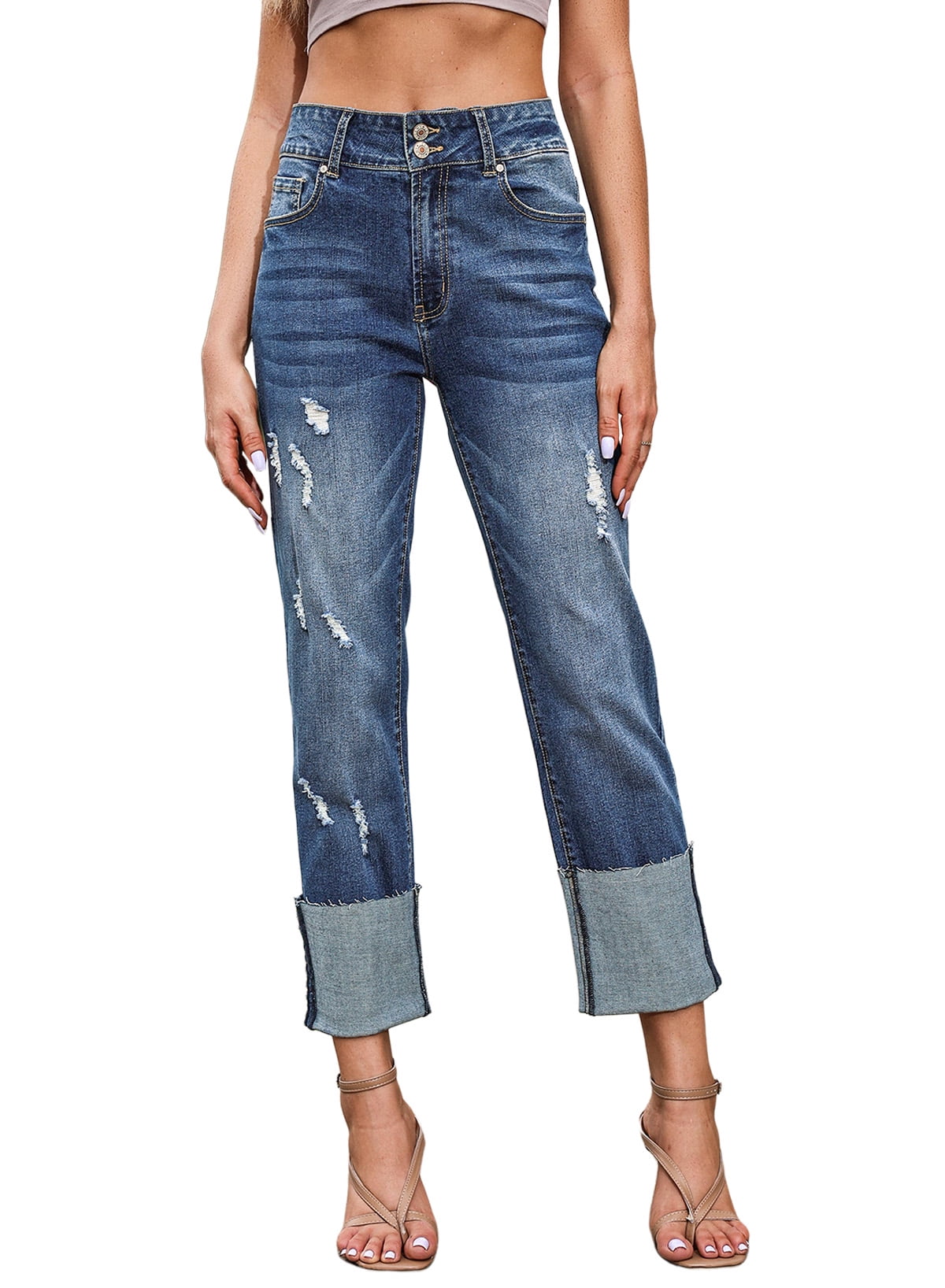 DOKOTOO Womens Ripped Cuffed Jeans High Waisted Boyfriend Straight Leg ...