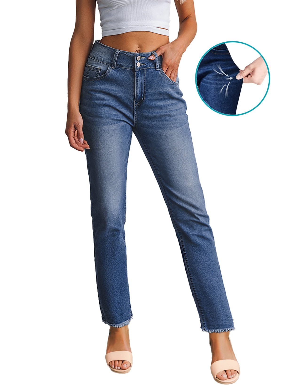 DOKOTOO Womens Straight Leg Jeans Classic Blue Strechy Raw Hem Jeans ...
