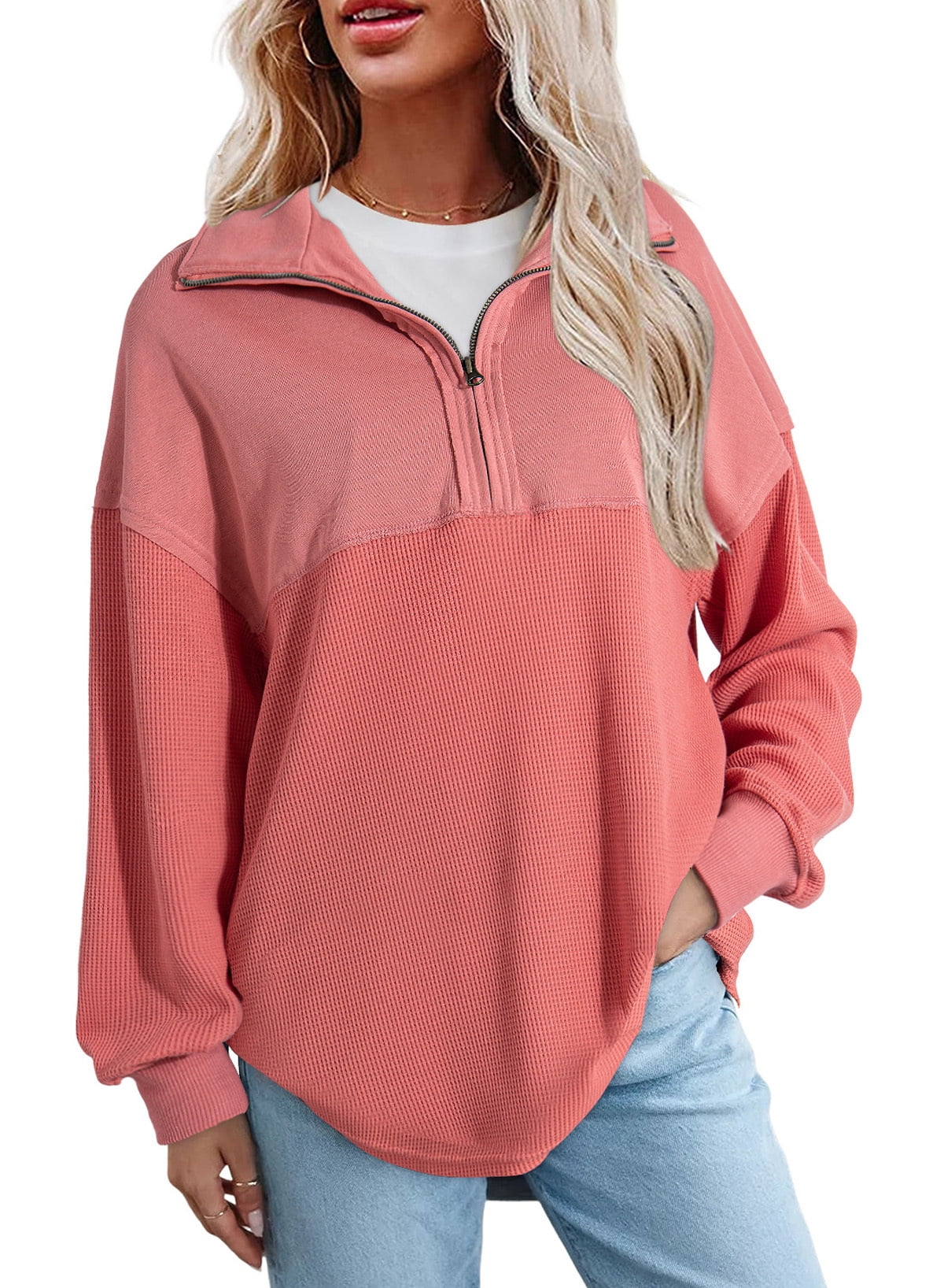 DOKOTOO Half Zip Sweatshirts Women Oversized Sweatshirts Waffle Knit ...