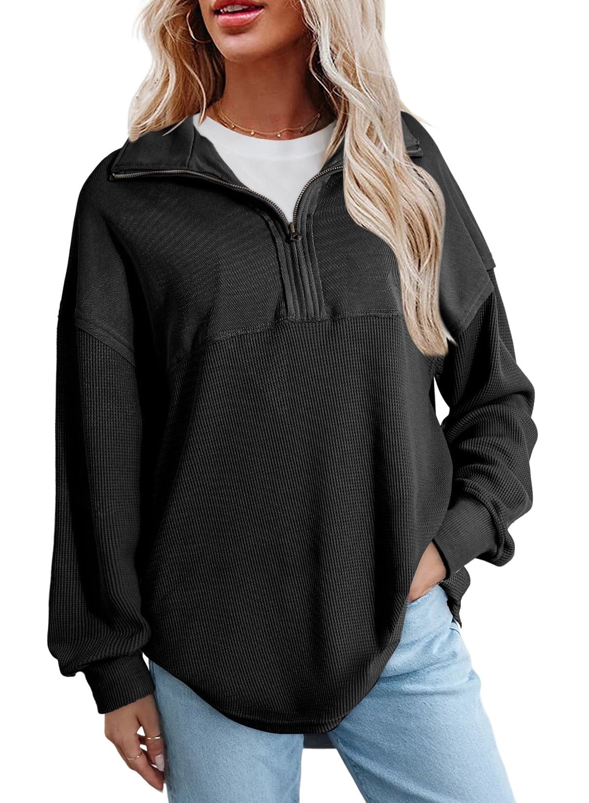 DOKOTOO Half Zip Sweatshirts for Women Oversized Sweatshirt Waffle Knit ...