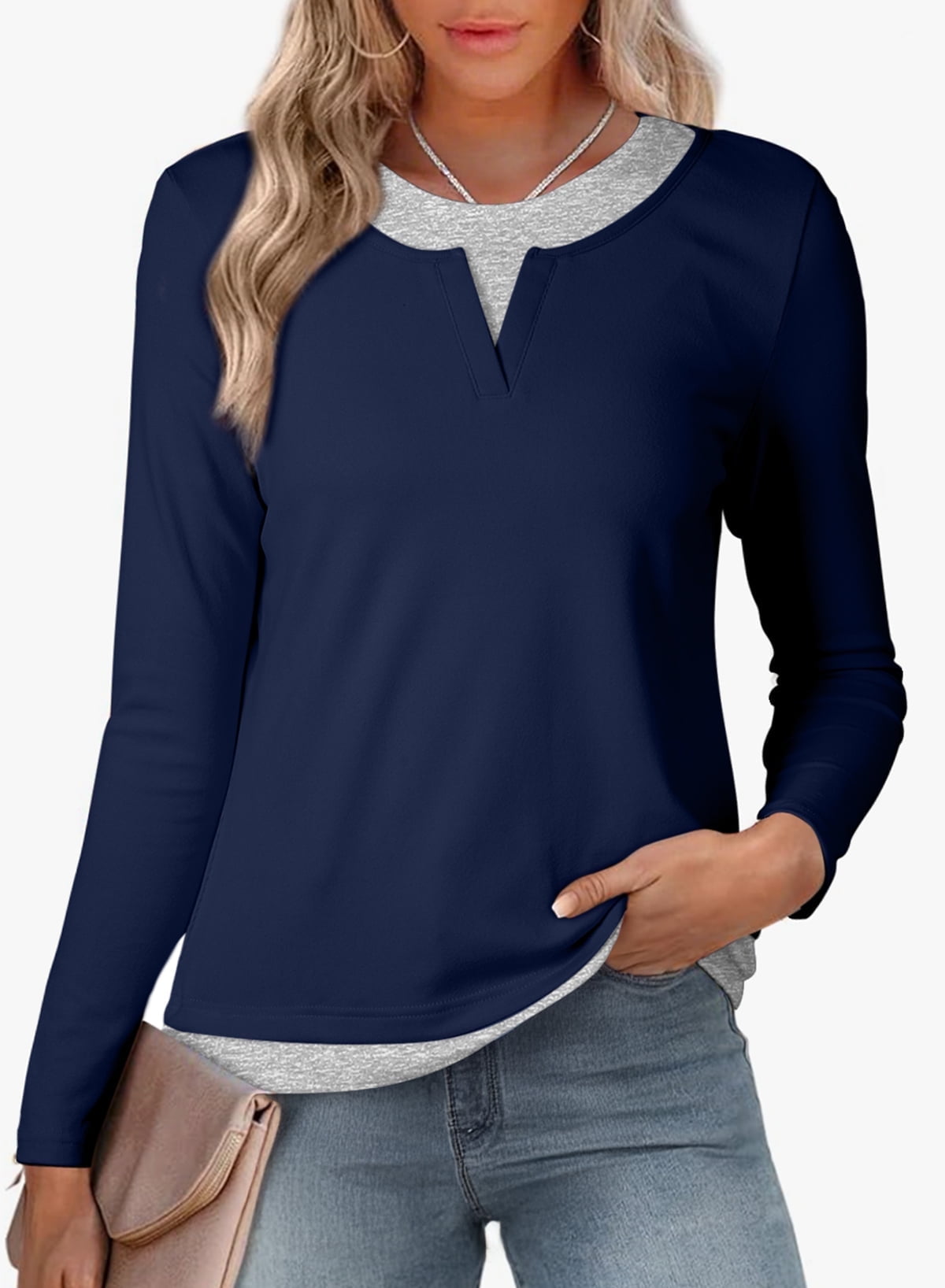 DOKOTOO Womens Crewneck Tops Casual Long Sleeve Shirts Color Block ...