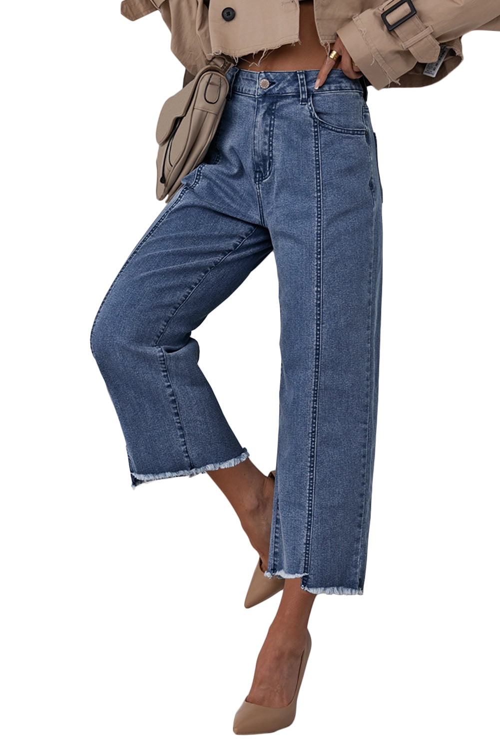 DOKOTOO Womens Wide Legs Jeans Casual Loose Fit Irregular Raw Hem Denim ...