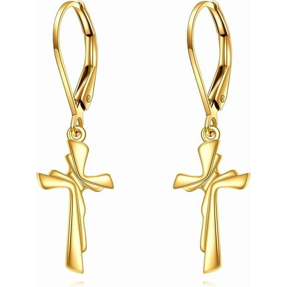 DOLIOX 14K Solid Gold Cross Earrings Leverback Dangle Drop Earrings 14K ...