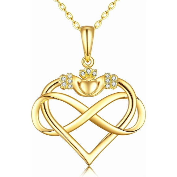 DOLIOX 14K Solid Gold Infinity Heart Necklace Claddagh Pendant 14K Real ...