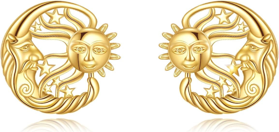 DOLIOX 14K Solid Gold Sun Moon Star Earrings Real Yellow Gold Studs ...