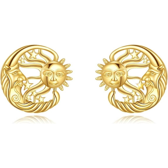 DOLIOX 14K Solid Gold Sun Moon Star Earrings Real Yellow Gold Studs ...