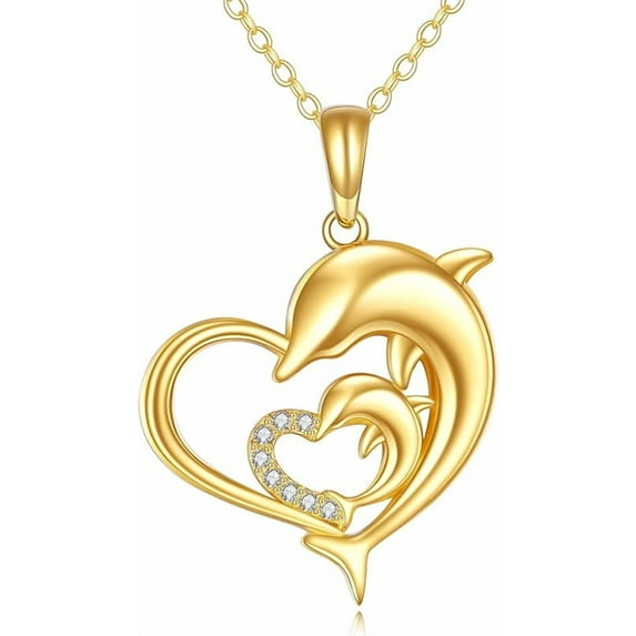 DOLIOX 14k Gold Dolphin Necklace Yellow Gold Love Heart Dolphin Pendant ...