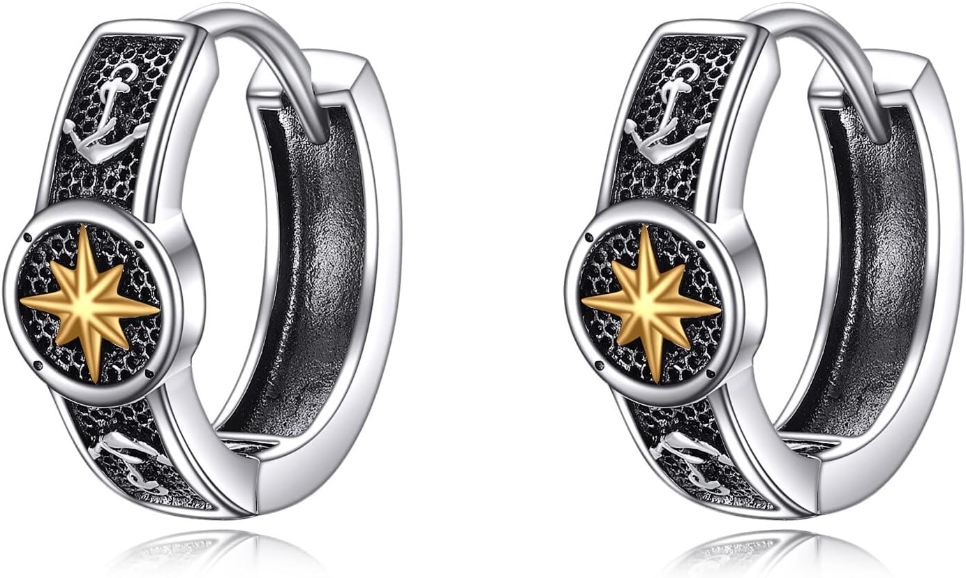 DOLIOX Black Compass Hoop Earrings Sterling Silver Viking Small Vintage ...