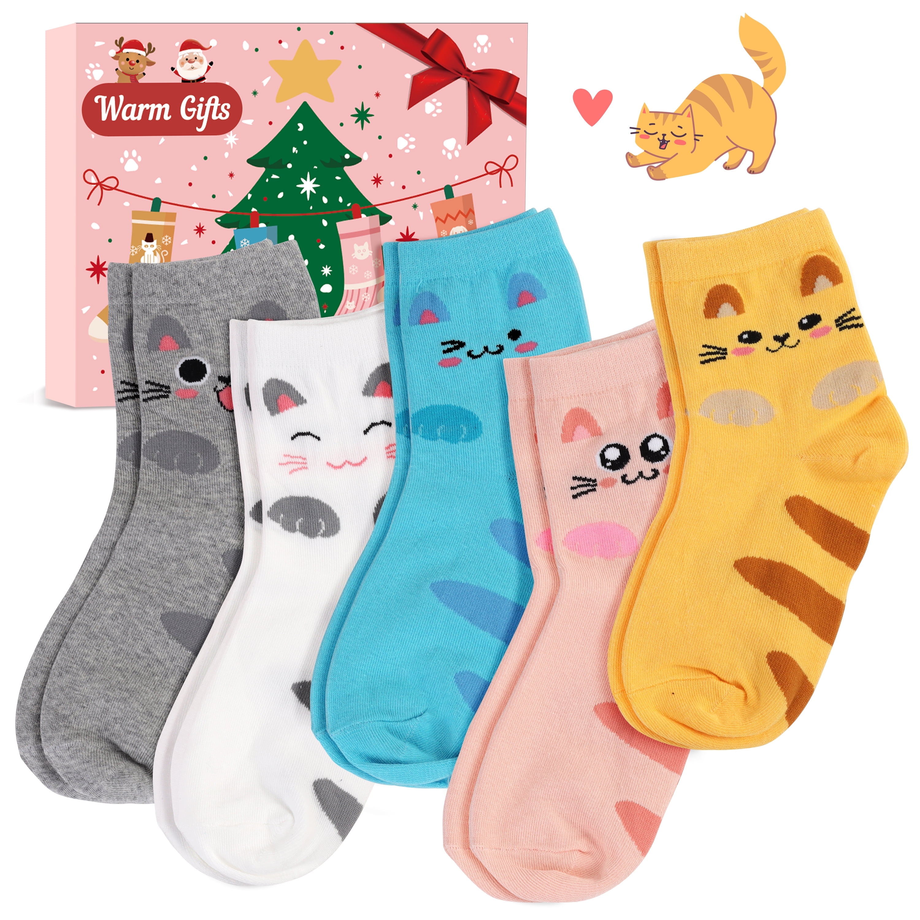DOMETOUR Cute Cat Socks for Girls Christmas Gifts for Women, 5 Pairs ...