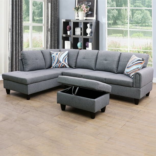 DOMETOUR Sectional Couch L Shaped Sofa Set For Living Room 5 Seat Linen Modular Sectional Sofa with Storage Ottoman 3PCS Sofa Chaise Ottoman Grey