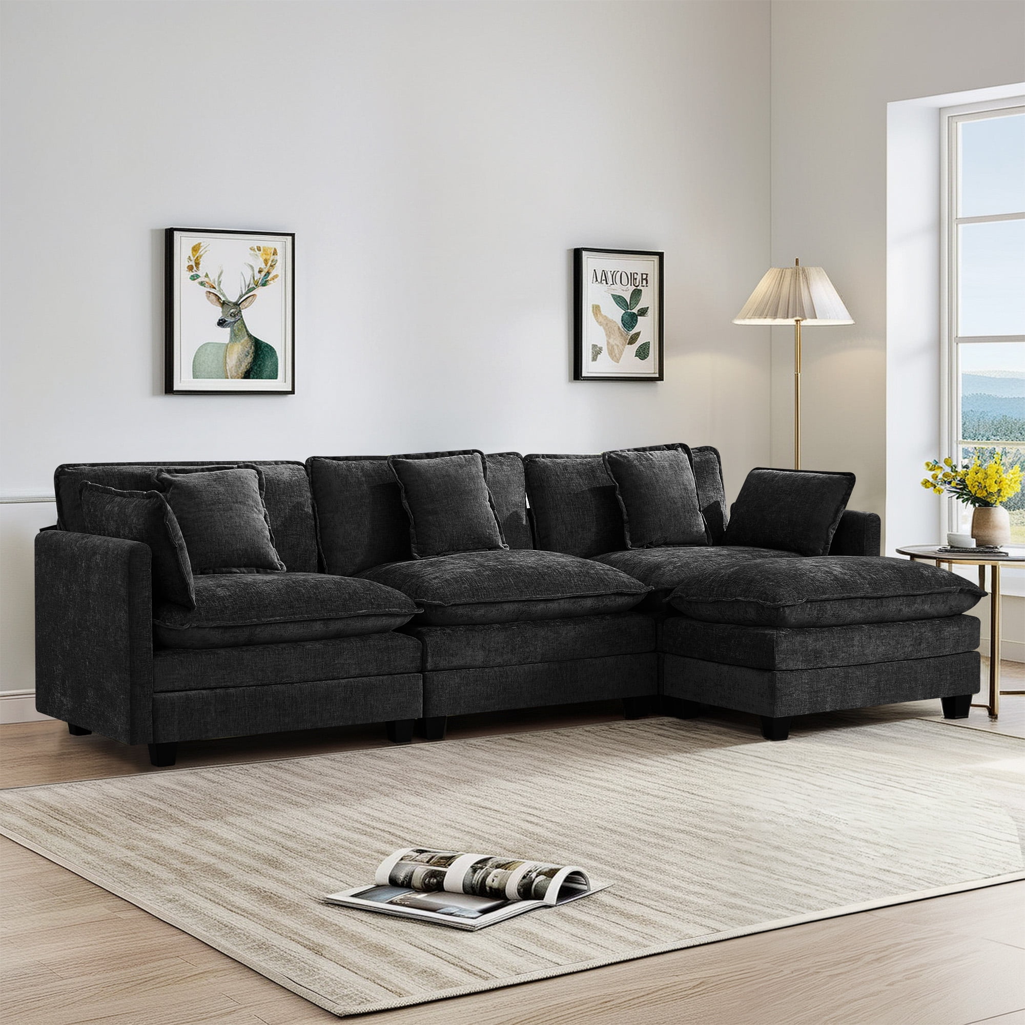 Domicare Modern 3 Seater Sectional Sofa with Ottoman, Sofas for Living ...