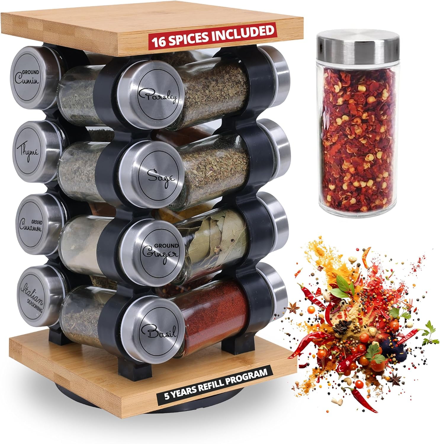 DOMPILC 16-Jar Rotating Spice Rack with Spices Included – Pre-Filled ...