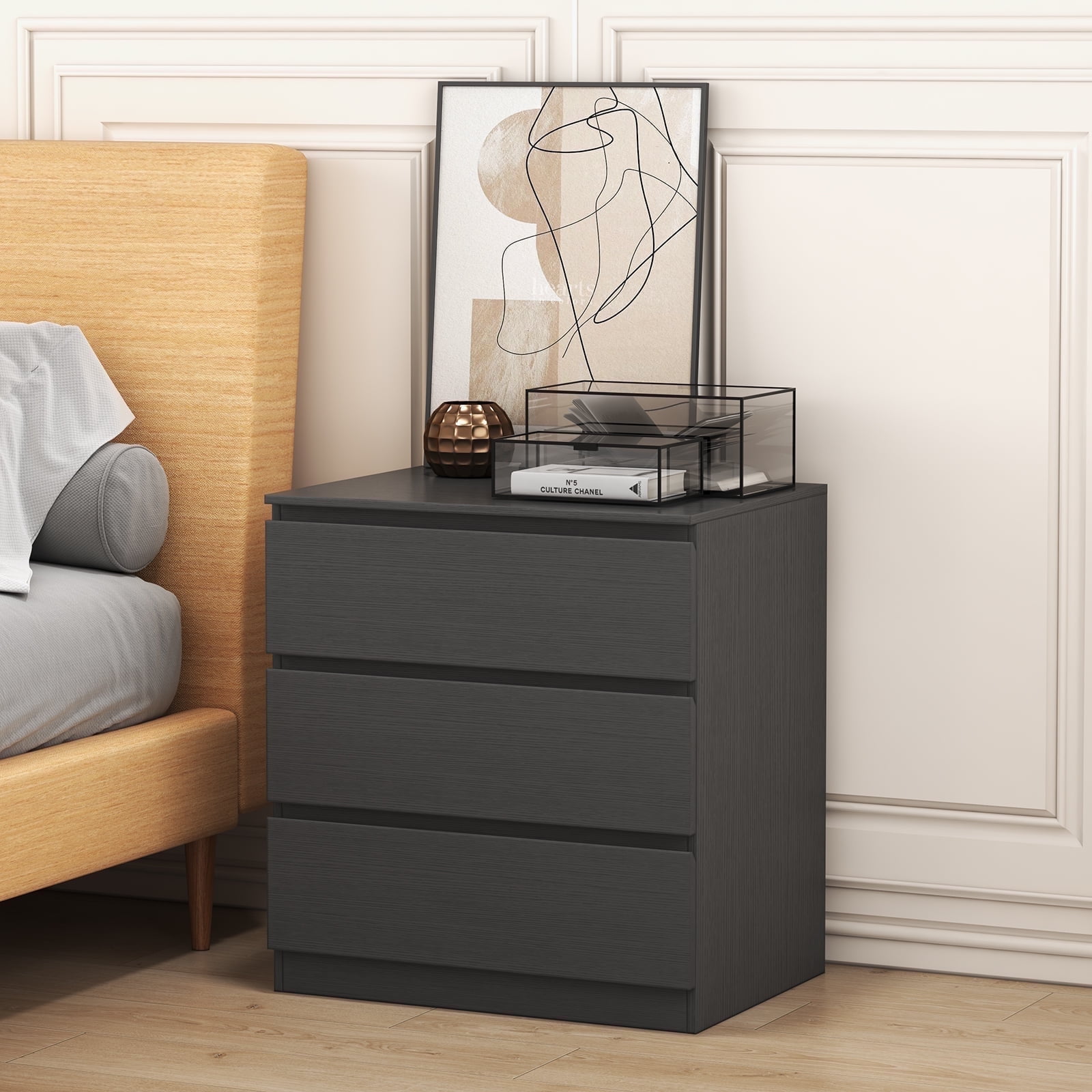 DOMQGA Nightstand with 3 Drawer,Black Bedside Table for Bedroom Living ...