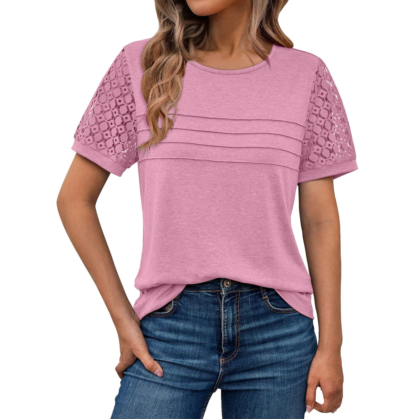 DONDPO Blouses for Women Women's Short Sleeve Tops Lace Tops 2025 ...