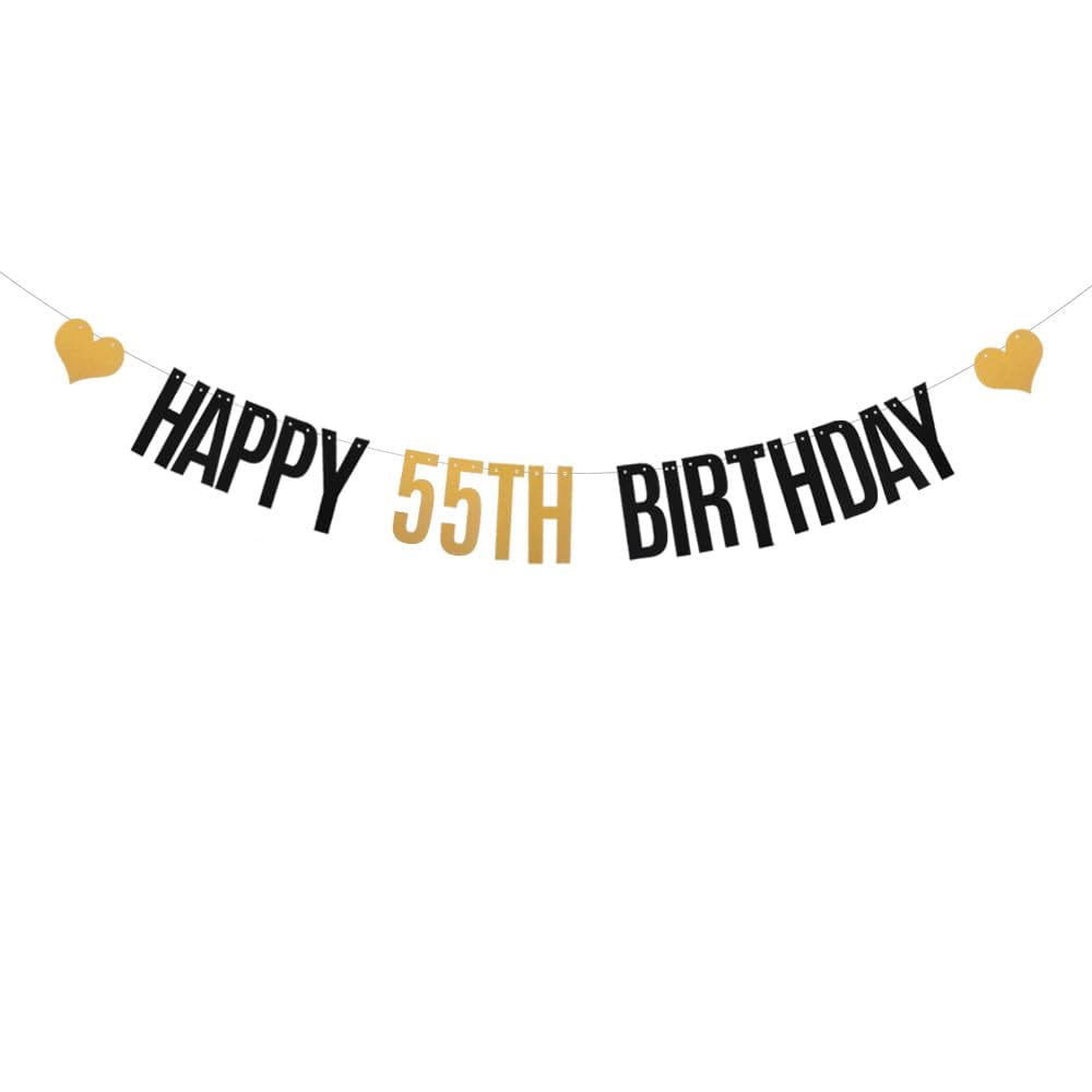 DONGLYJL Black and Gold Glitter Happy 55th MHD1Birthday Banner for 55 ...