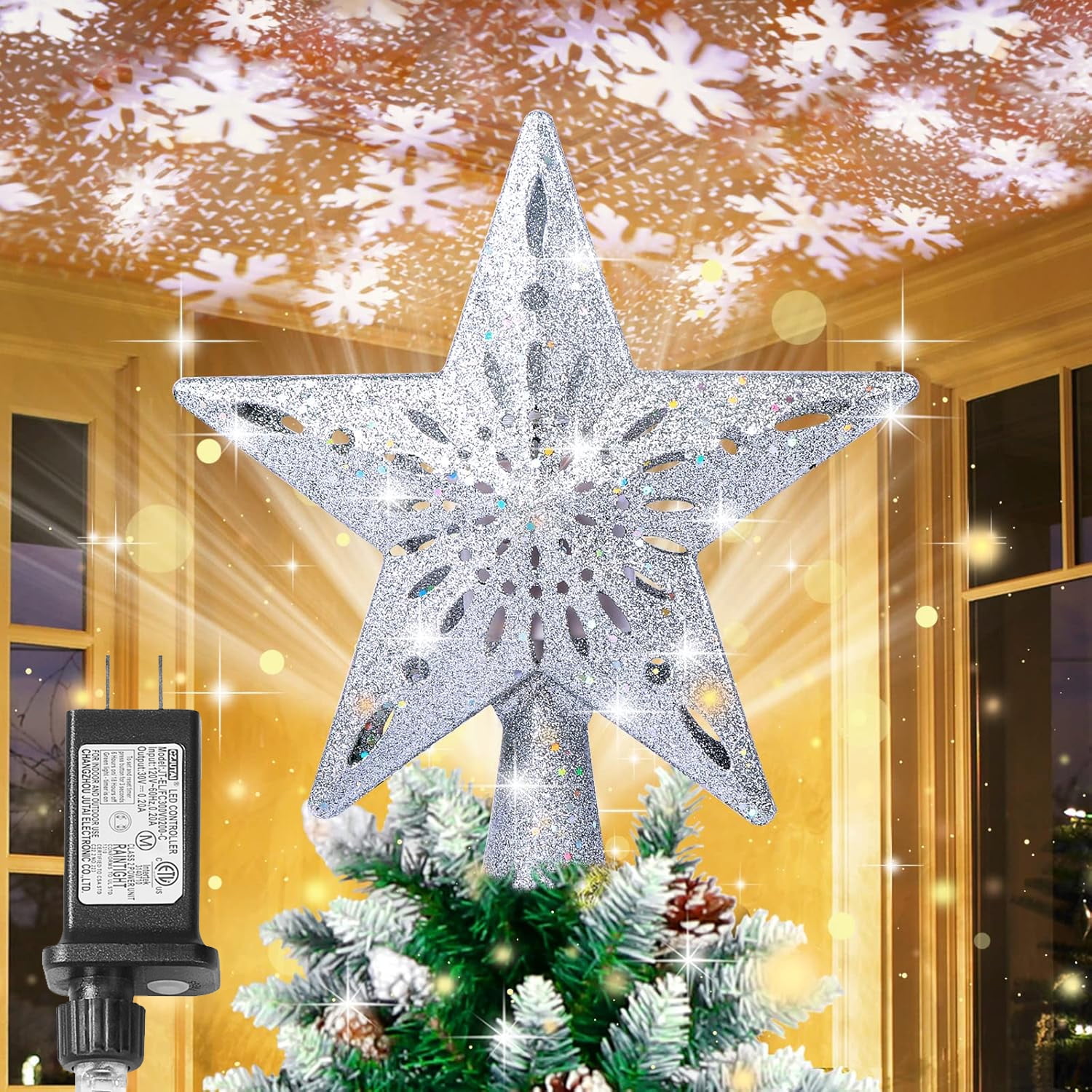 DONGPAI Christmas Tree Topper Lighted Star, 3D Hollow Sparkling Star ...