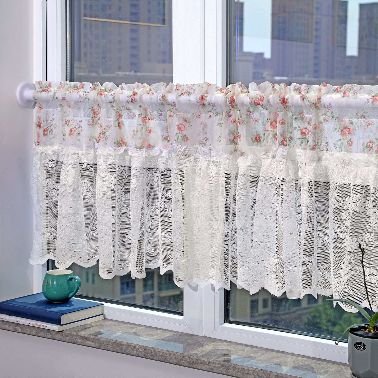 DONGPAI Floral Lace Sheer Kitchen Curtain, Rod Pocket Short Curtain ...