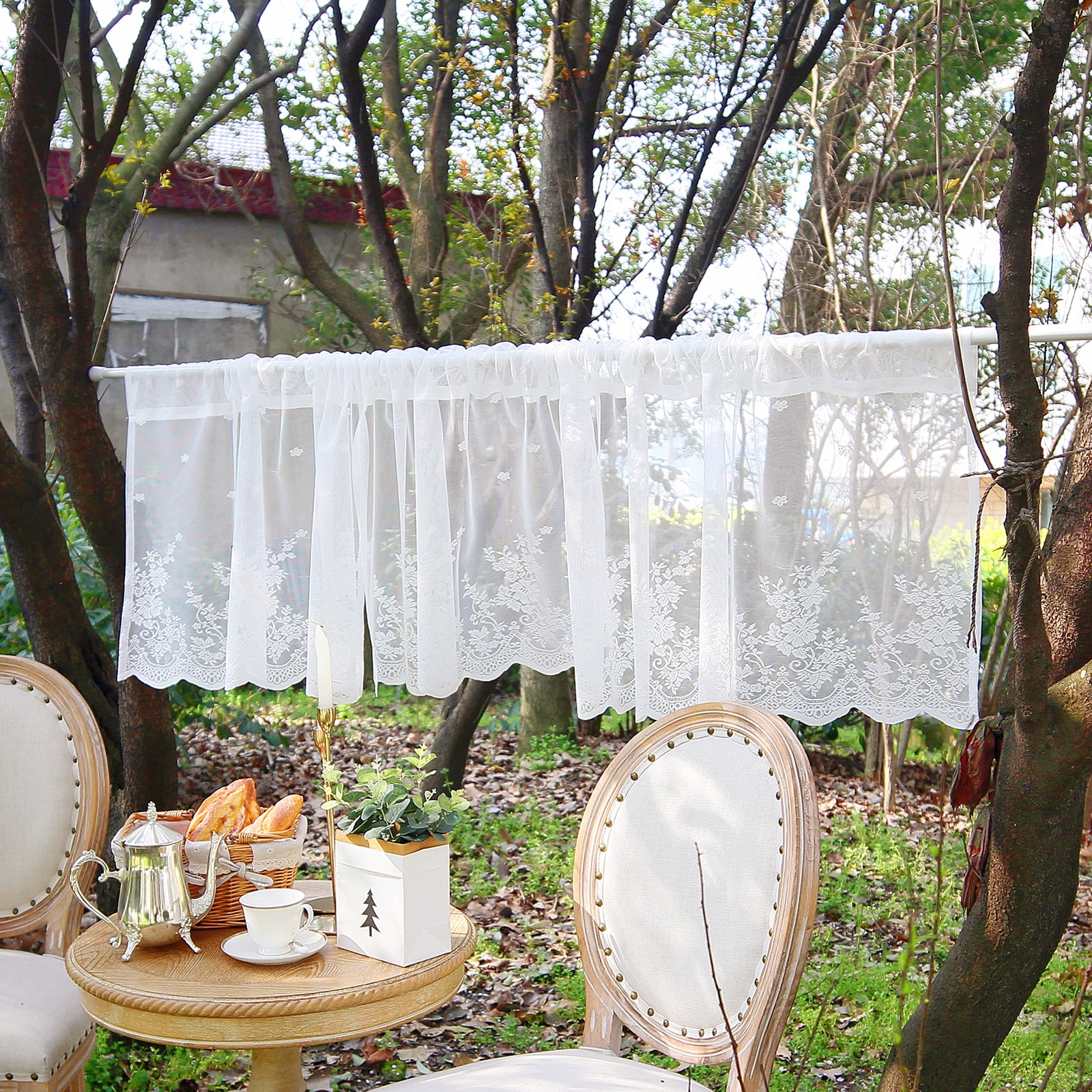 DONGPAI Floral Lace Short Curtains, Sheer Tier Kitchen Curtains Rod ...