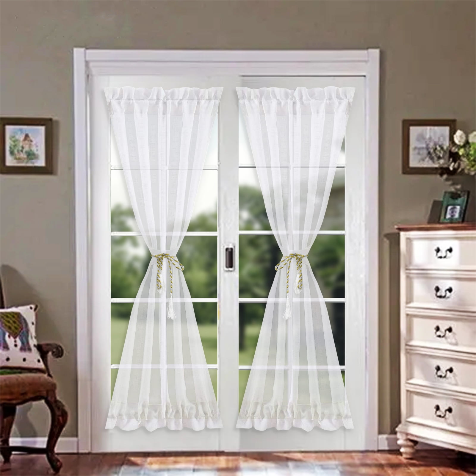 DONGPAI Sheer French Door Curtain Panels, Rod Pocket Voile Window Drapes for Front Sliding Glass ...