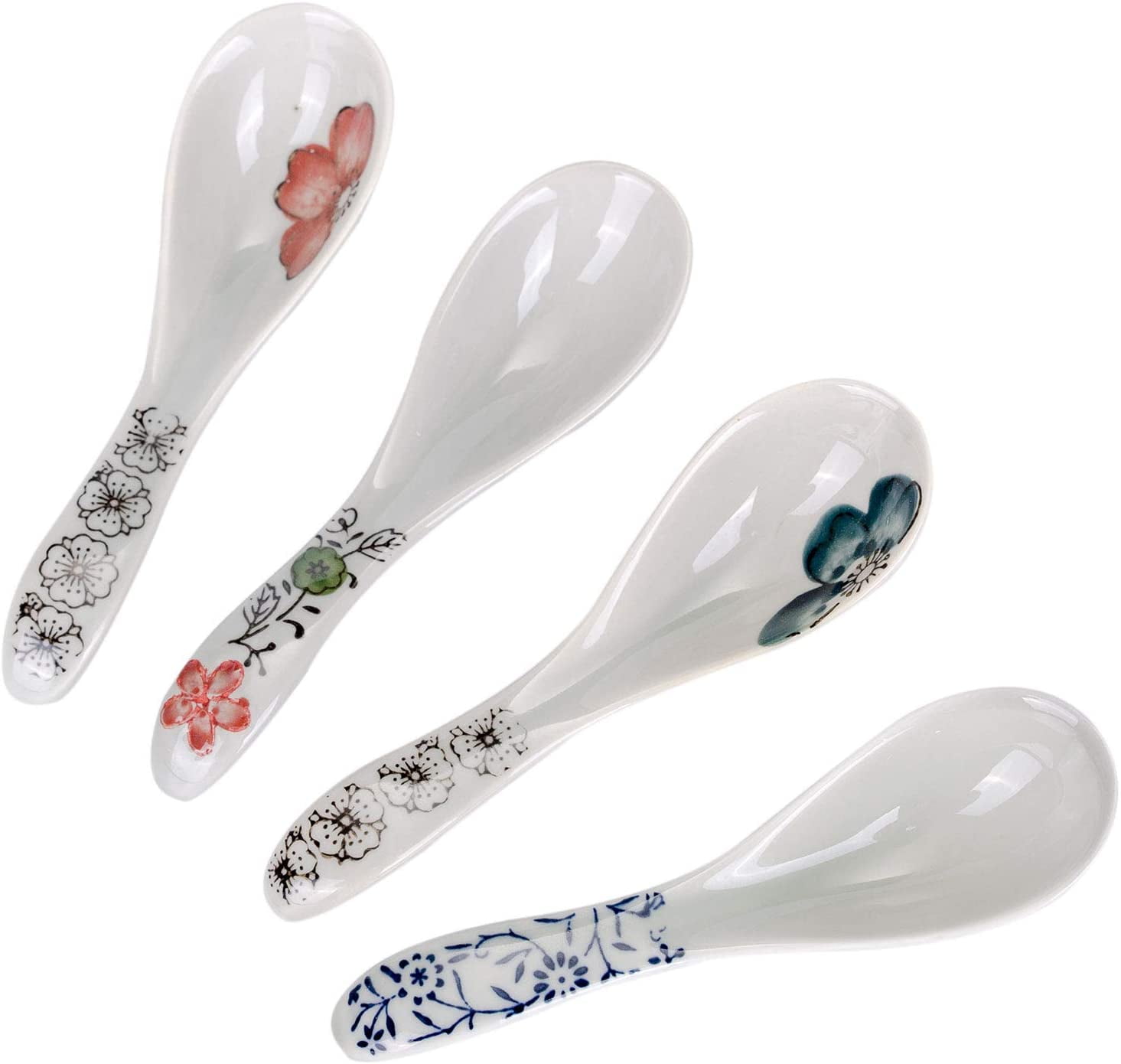 DONGTIAN Set of 4 Chinese/Japanese Ceramic Soup Spoons, Pink Cherry ...