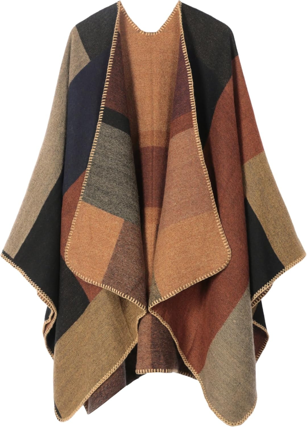 DONGTIAN Women's Boho Open Front Poncho Knitted Plaid Shawl Wrap Cape Tassel Cardigan Sweater ...