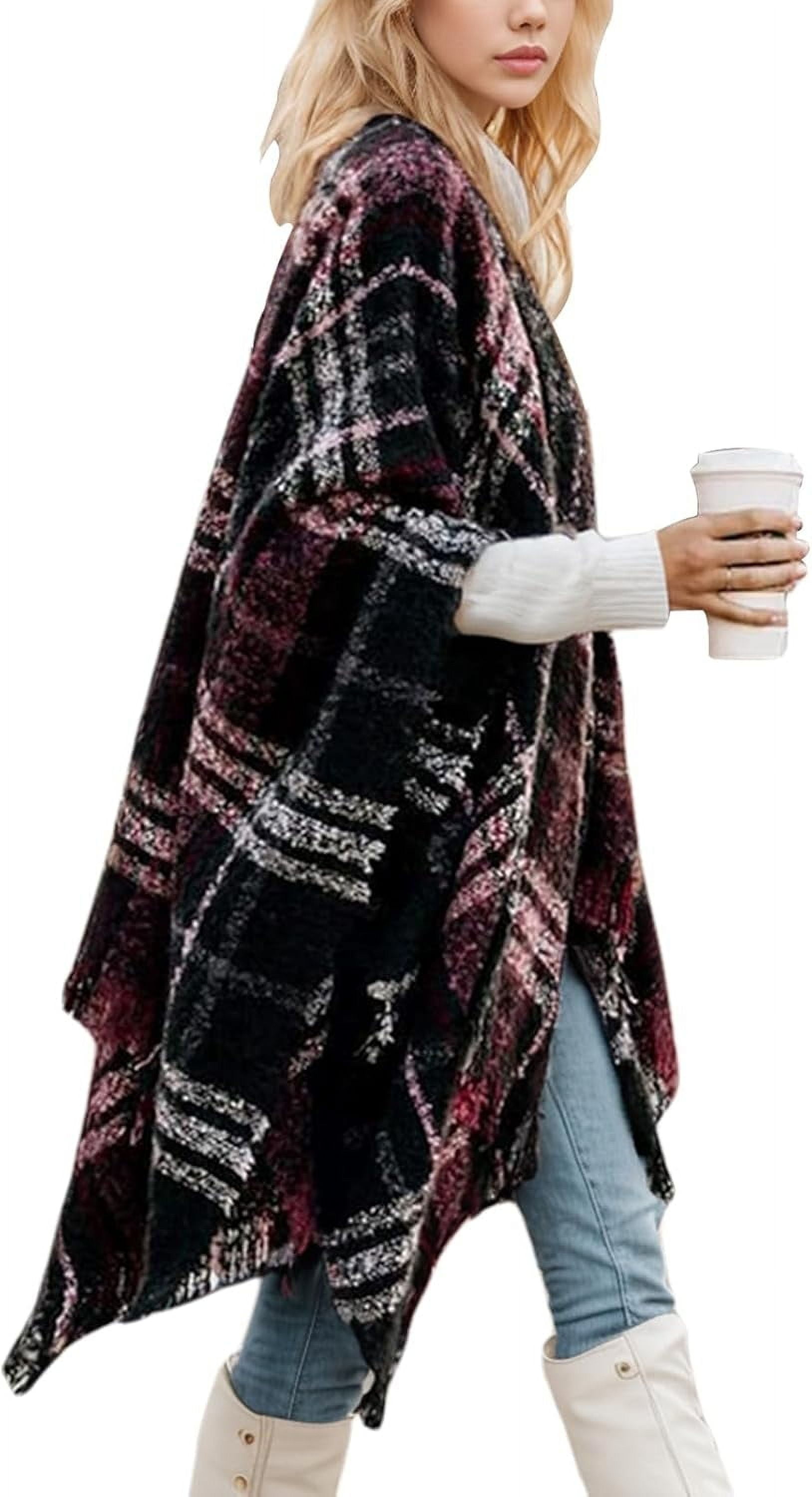 DONGTIAN Women's Open Front Tassel Cardigan Sweater, Boho Poncho Knitted Plaid Shawl Wrap Cape ...
