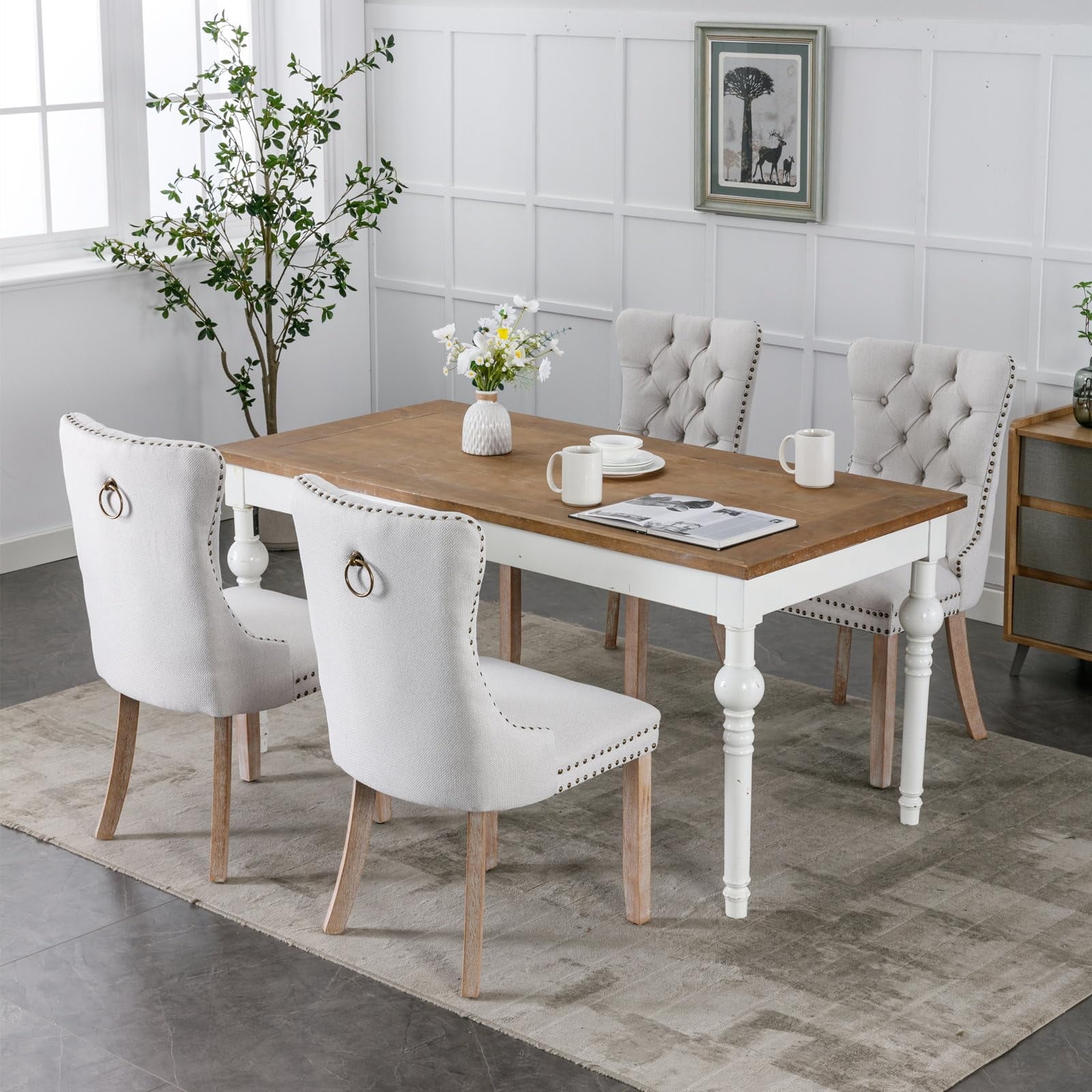 DONICK Linen Upholstered Dining Chairs,Mid Century High Back Nailhead ...