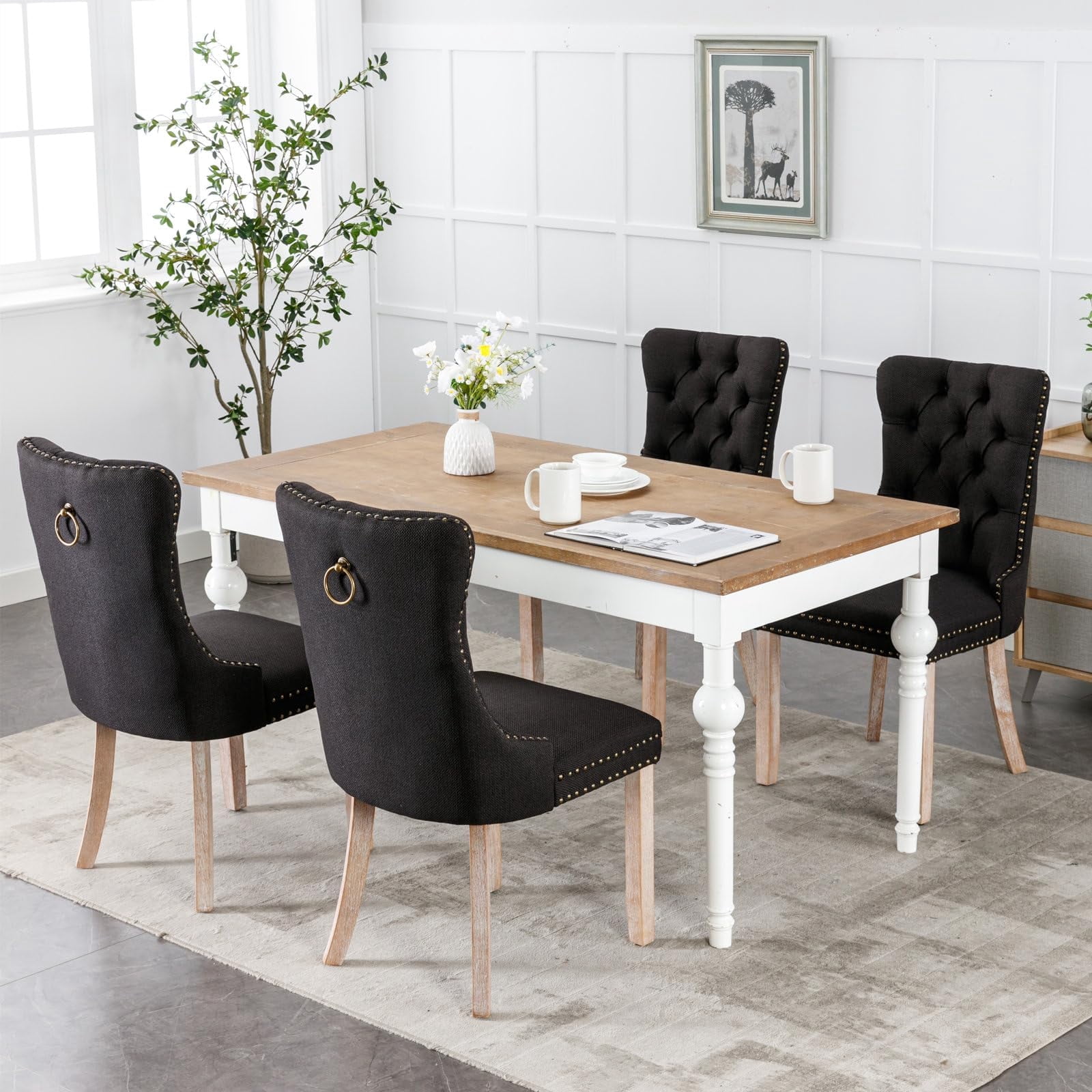DONICK Linen Upholstered Dining Chairs,Mid Century High Back Nailhead ...