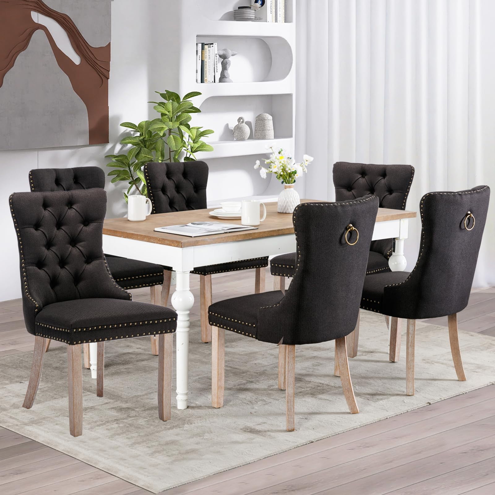 DONICK Linen Upholstered Dining Chairs,Mid Century High Back Nailhead ...