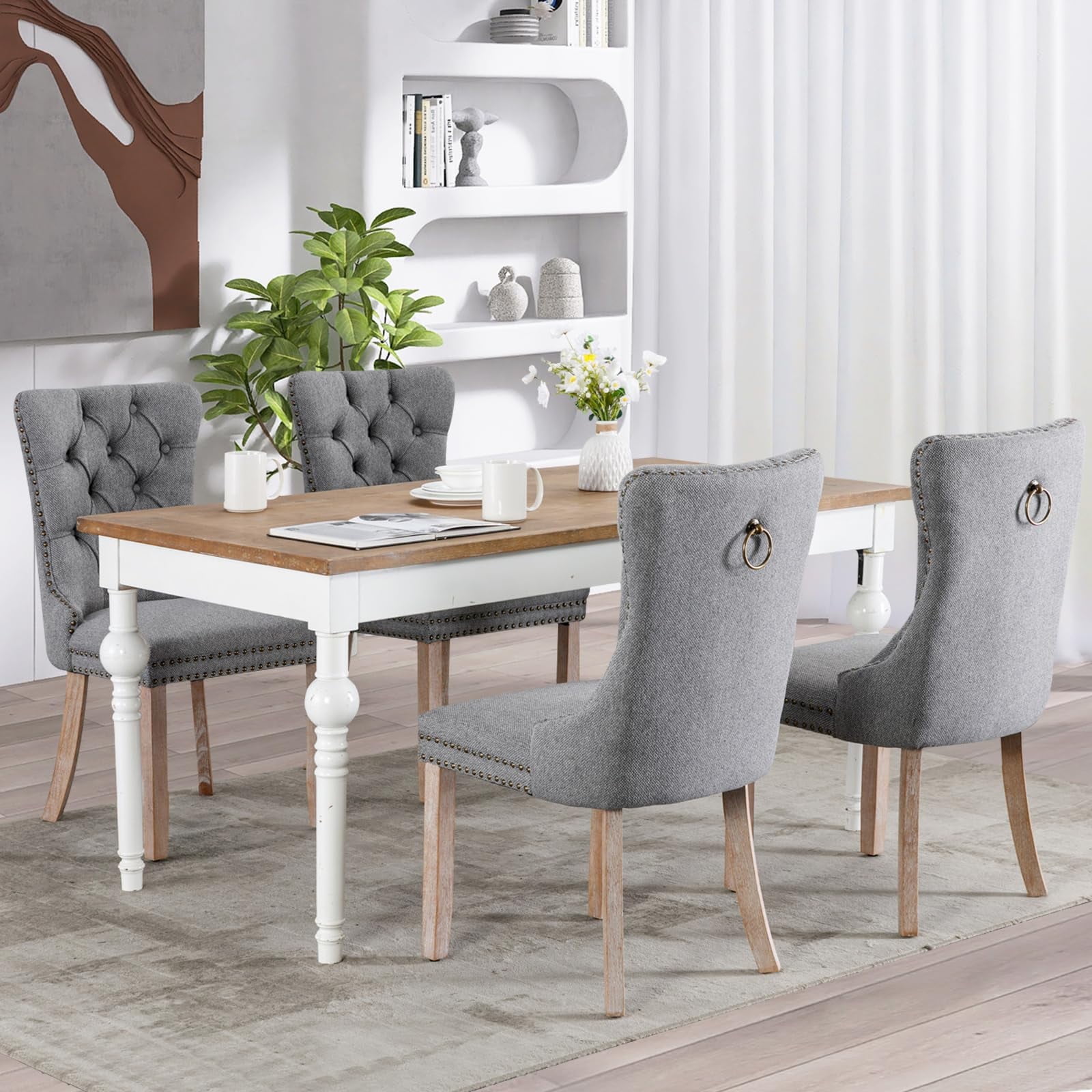 DONICK Linen Upholstered Dining Chairs,Mid Century High Back Nailhead ...