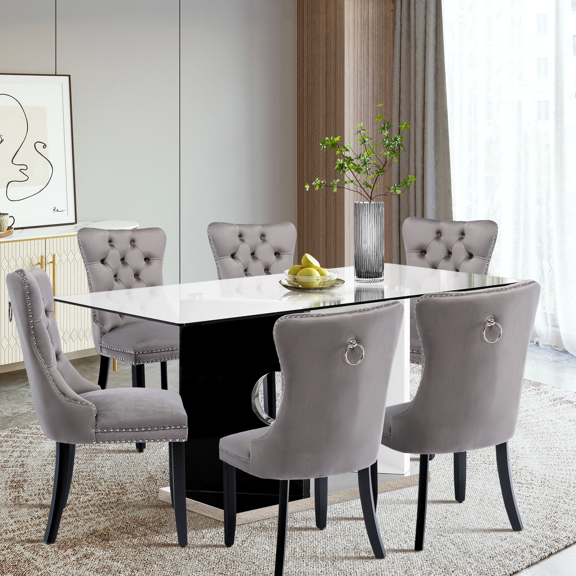 DONICK Velvet Gray Upholstered Dining Chairs Set of 6, Kitchen & Dining ...
