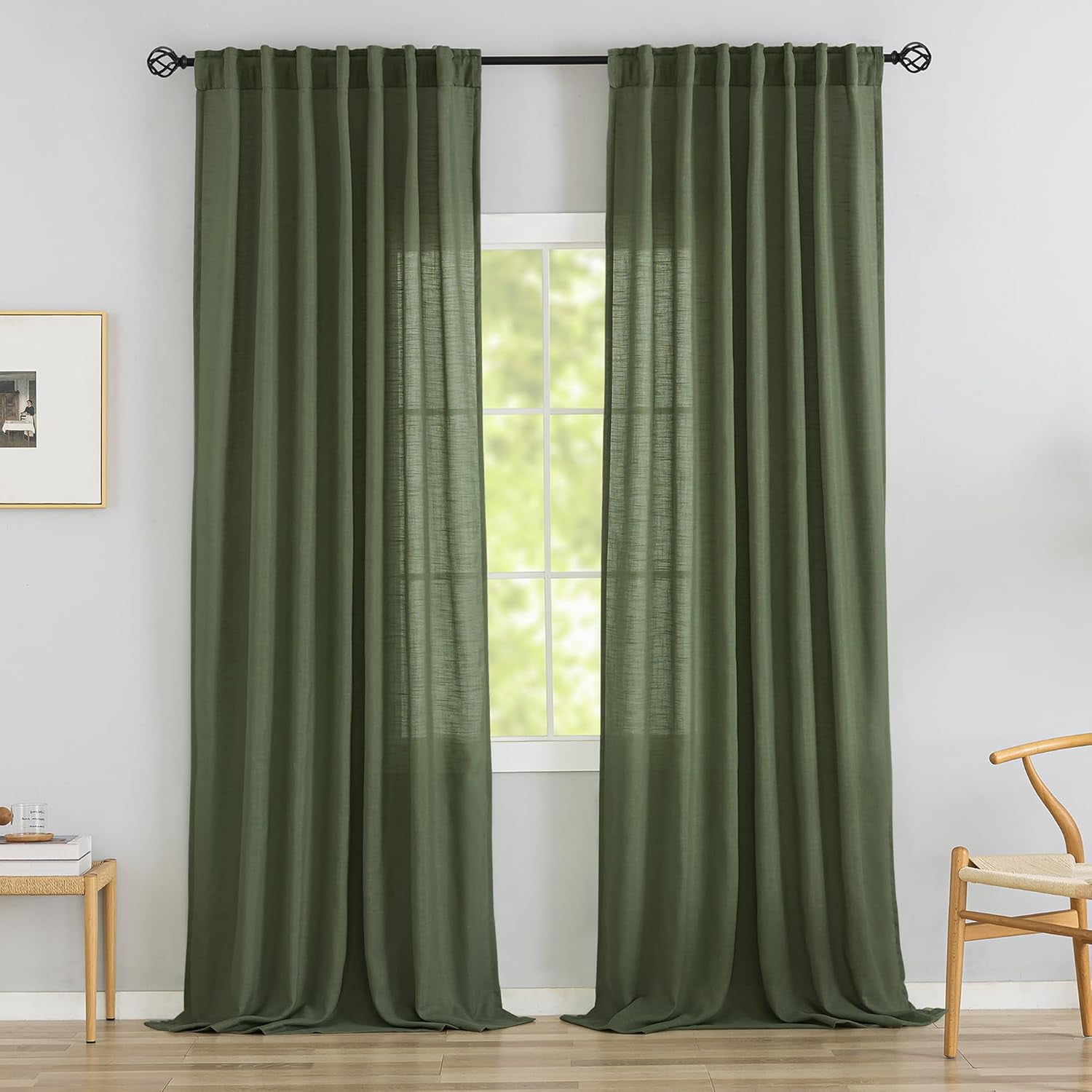 DONREN Olive Linen Back Tab Curtains 144 Inches Extra Long Ceiling to ...
