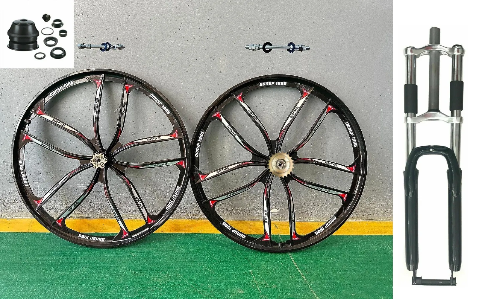 DONSP1986 26" 10 Spoke Mag Wheel Set & Bike Fork & Headset & Flywheel ...