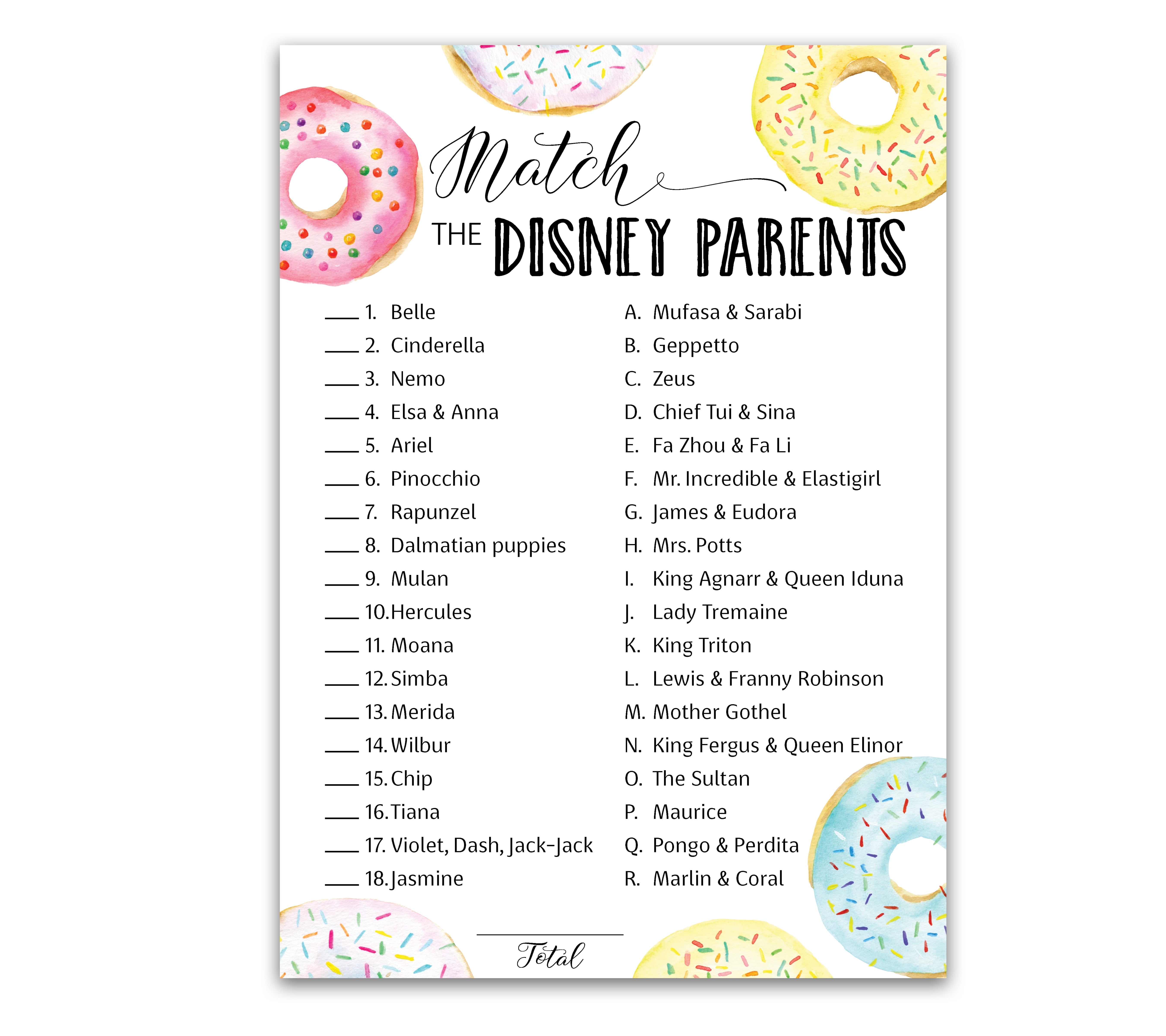 DONUT Baby Shower Games — DISNEY PARENT MATCH Baby Shower Game — Pack ...