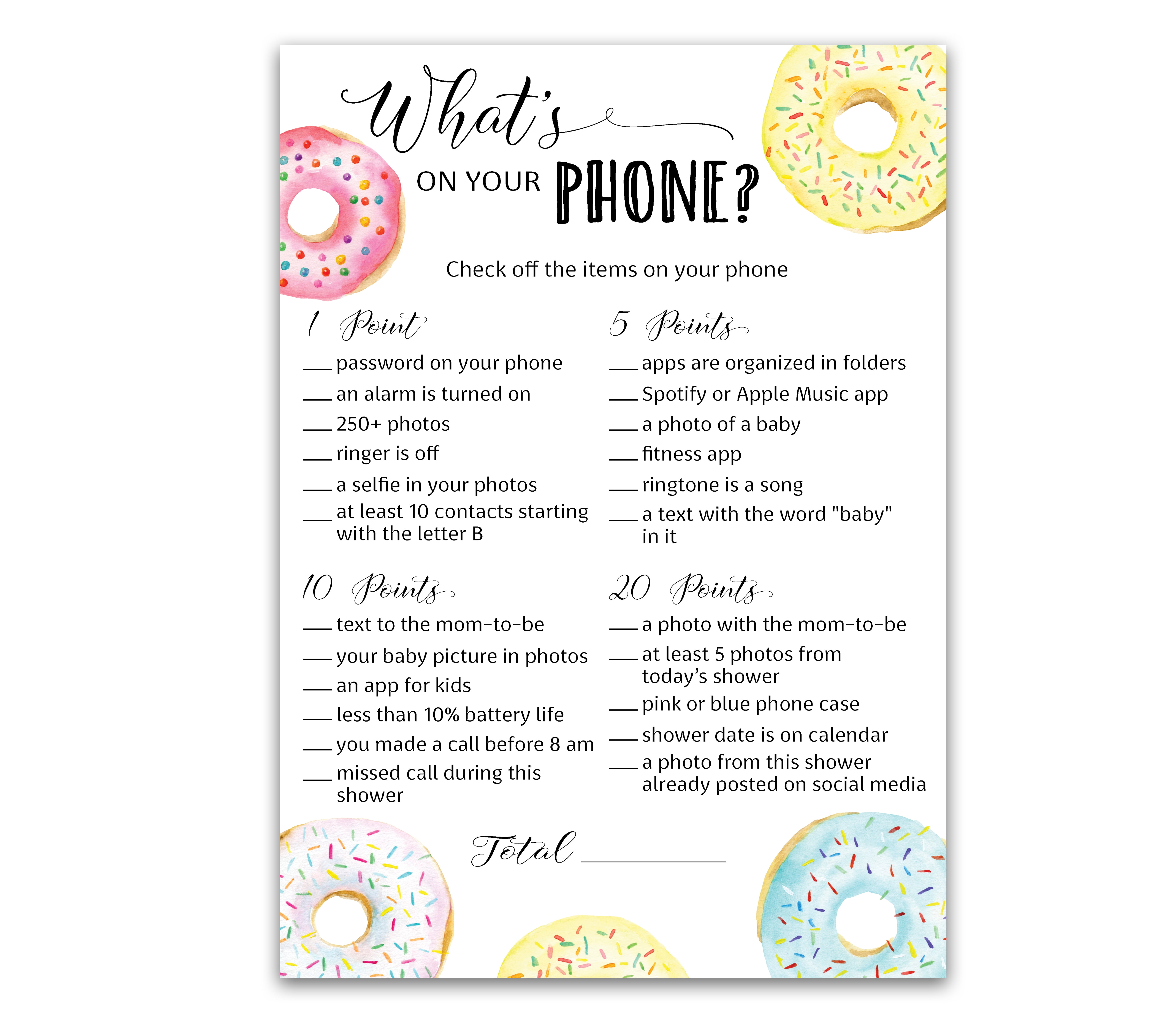 DONUT Baby Shower Games — WHAT'S ON YOUR PHONE Baby Shower Game — Pack ...