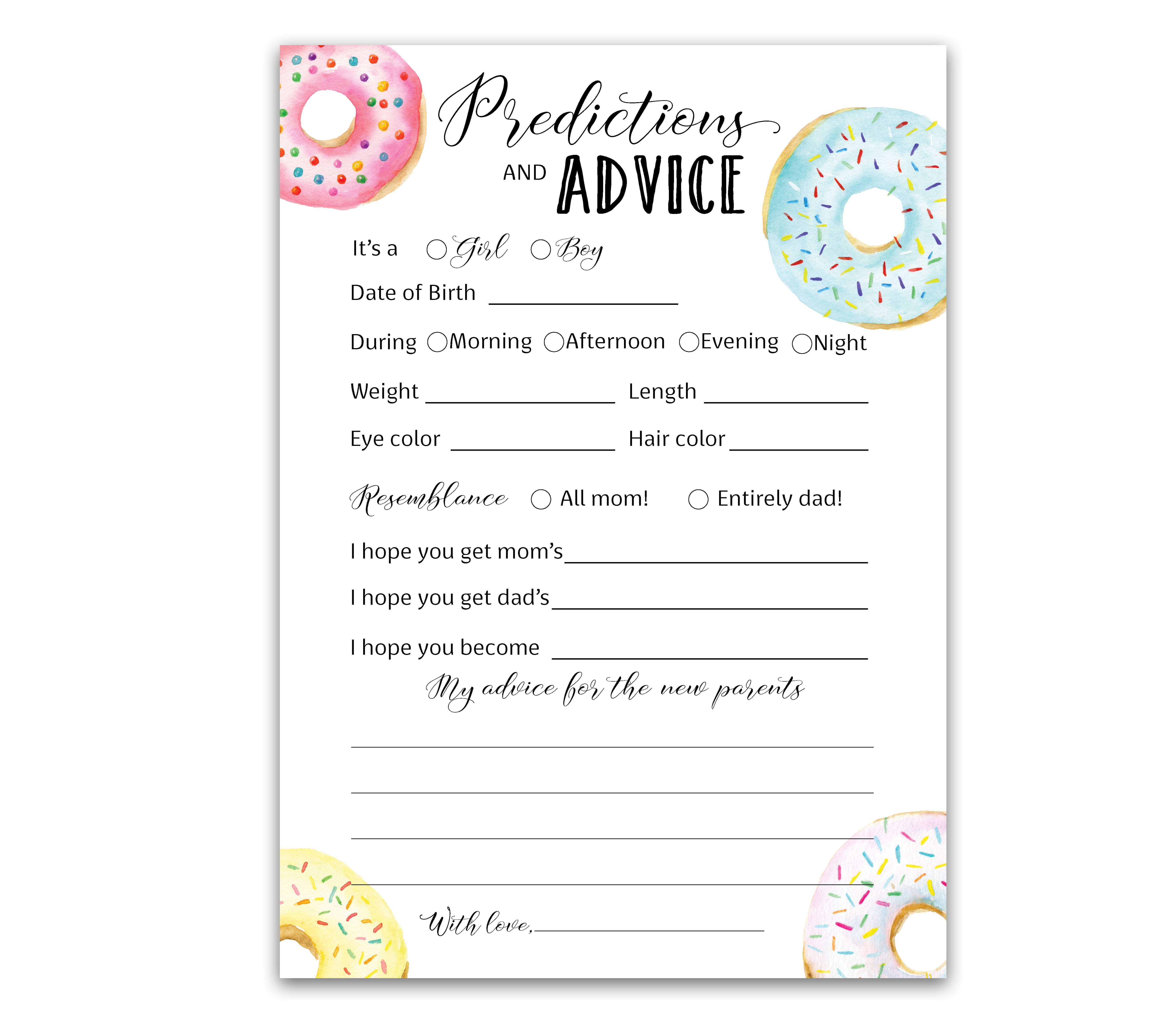 DONUT Prediction and Advice Cards - Pack of 25 - Doughnut Baby Shower ...