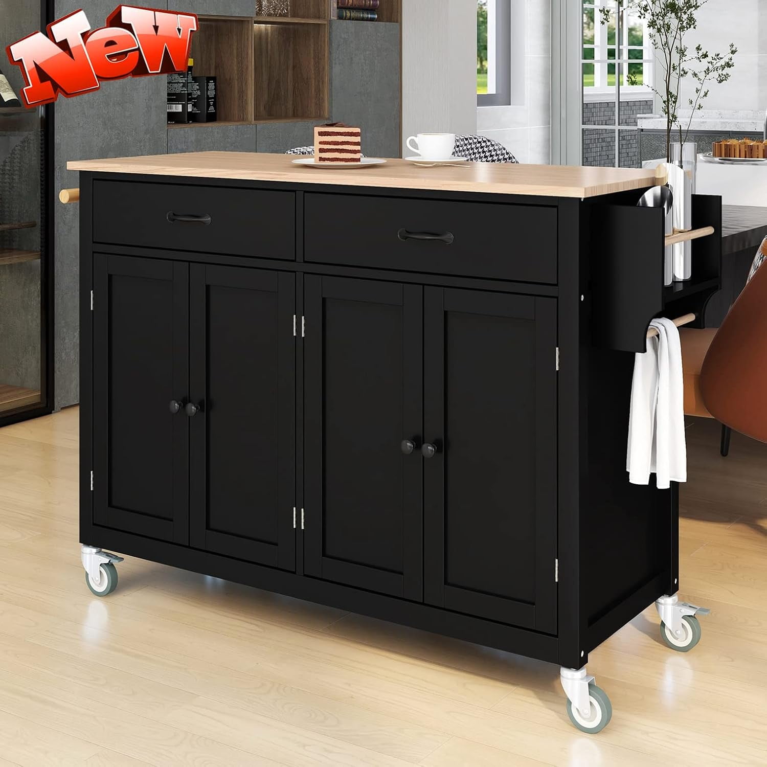 DOONREXS New Upgrade Thicken Wooden Kitchen Island on Wheels with ...