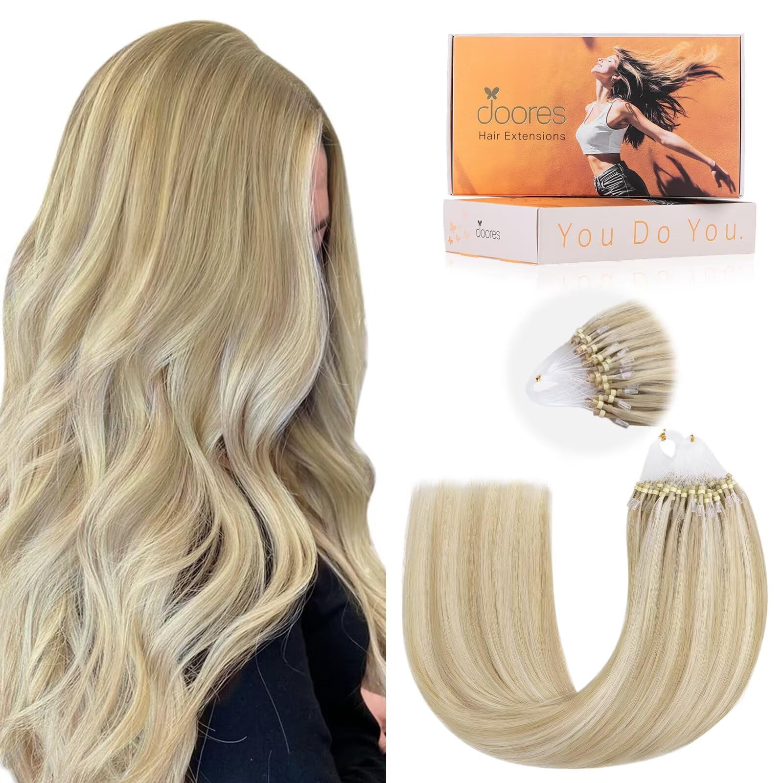 DOORES Microlinks Hair Extensions Human Hair, Dark Blonde Highlighted ...