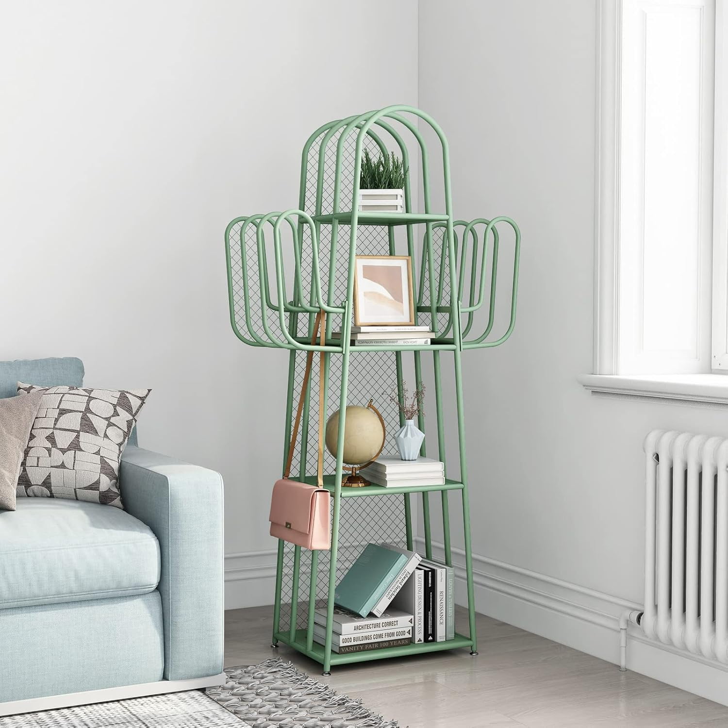 DOORXIF 4-Tier Ladder Green Bookshelves Freestanding, Cactus Bookcase ...