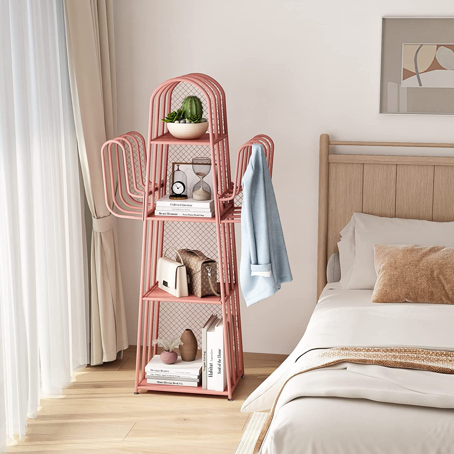 DOORXIF 4-Tier Ladder Pink Bookshelves Freestanding, Cactus Bookcase ...