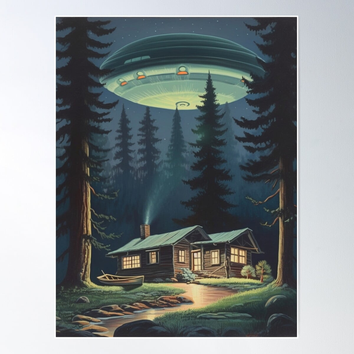 DOPAPRINT 1950S Ufo Over A Secluded Cabin Poster Wall Art, Modern Wall ...