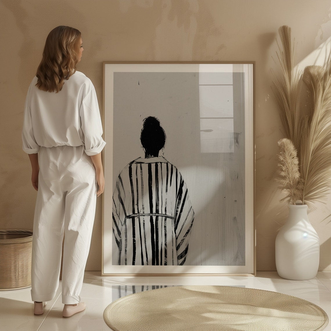 DOPAPRINT Abstract Solitude: Pensive Back View In Striped Attire ...
