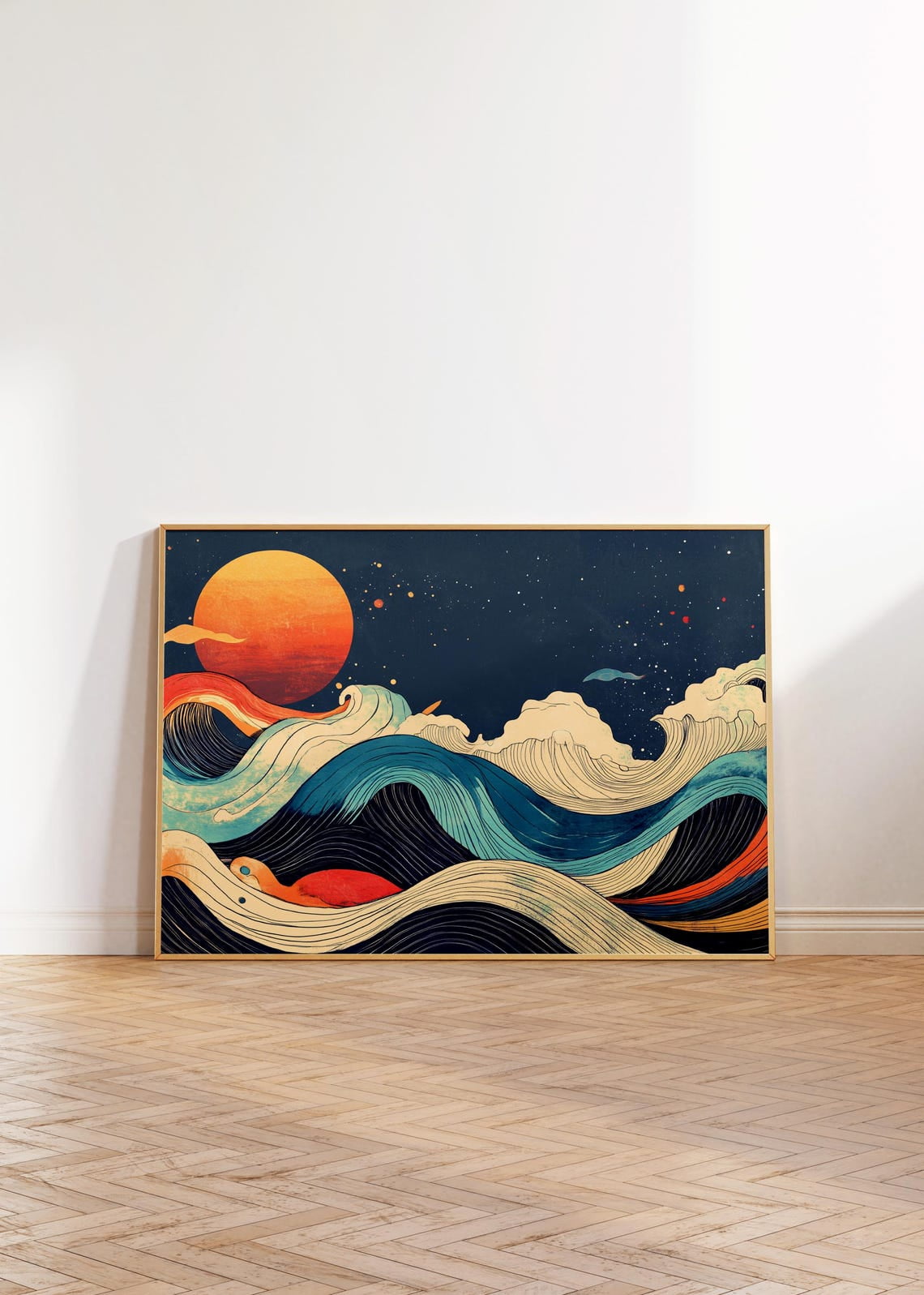 DOPAPRINT Abstract Waves Sunset Wall Art, Vibrant Ocean And Clouds Print, Abstract Japanese Home ...
