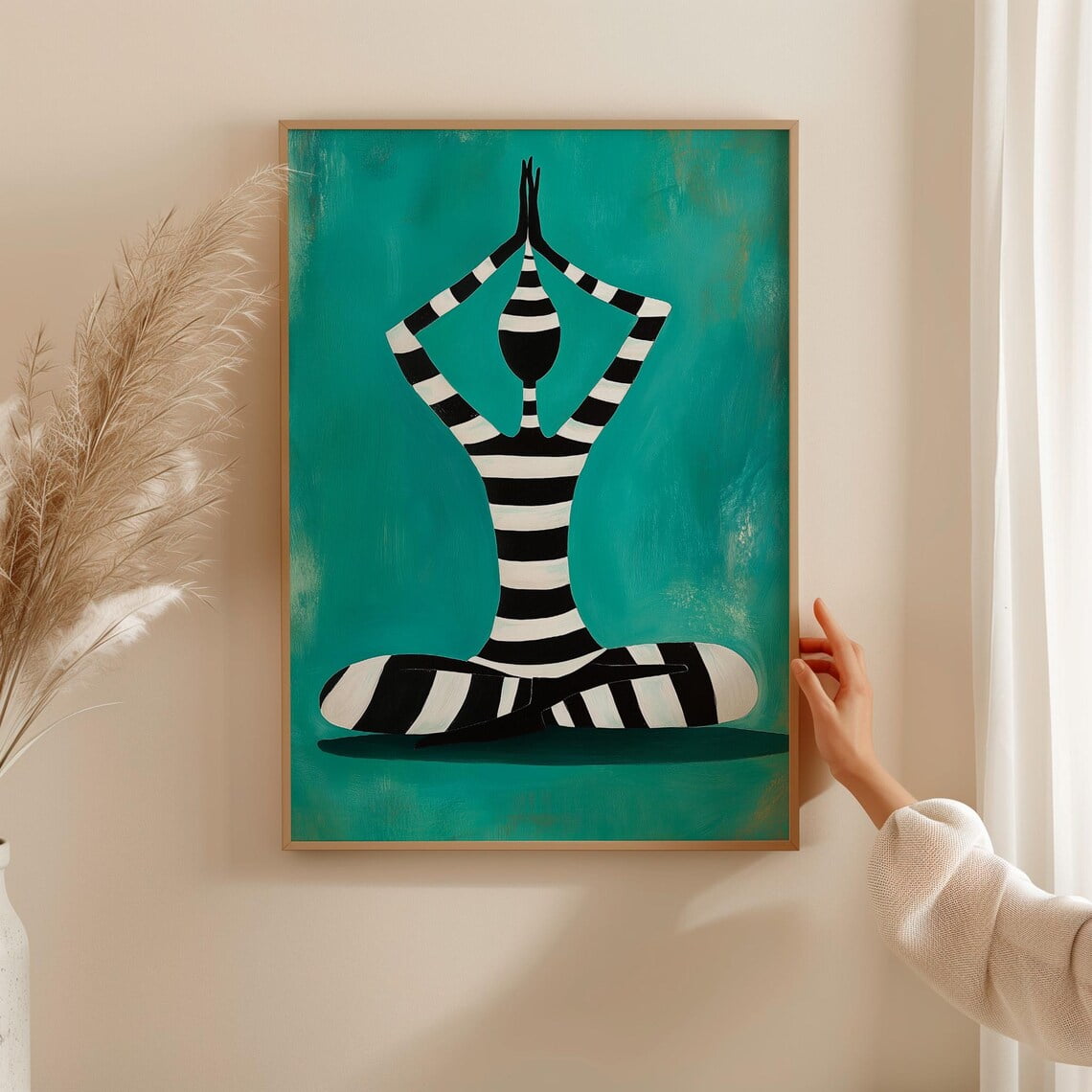 DOPAPRINT Abstract Yoga Art Print, Striped Figure Meditation Pose, Teal ...