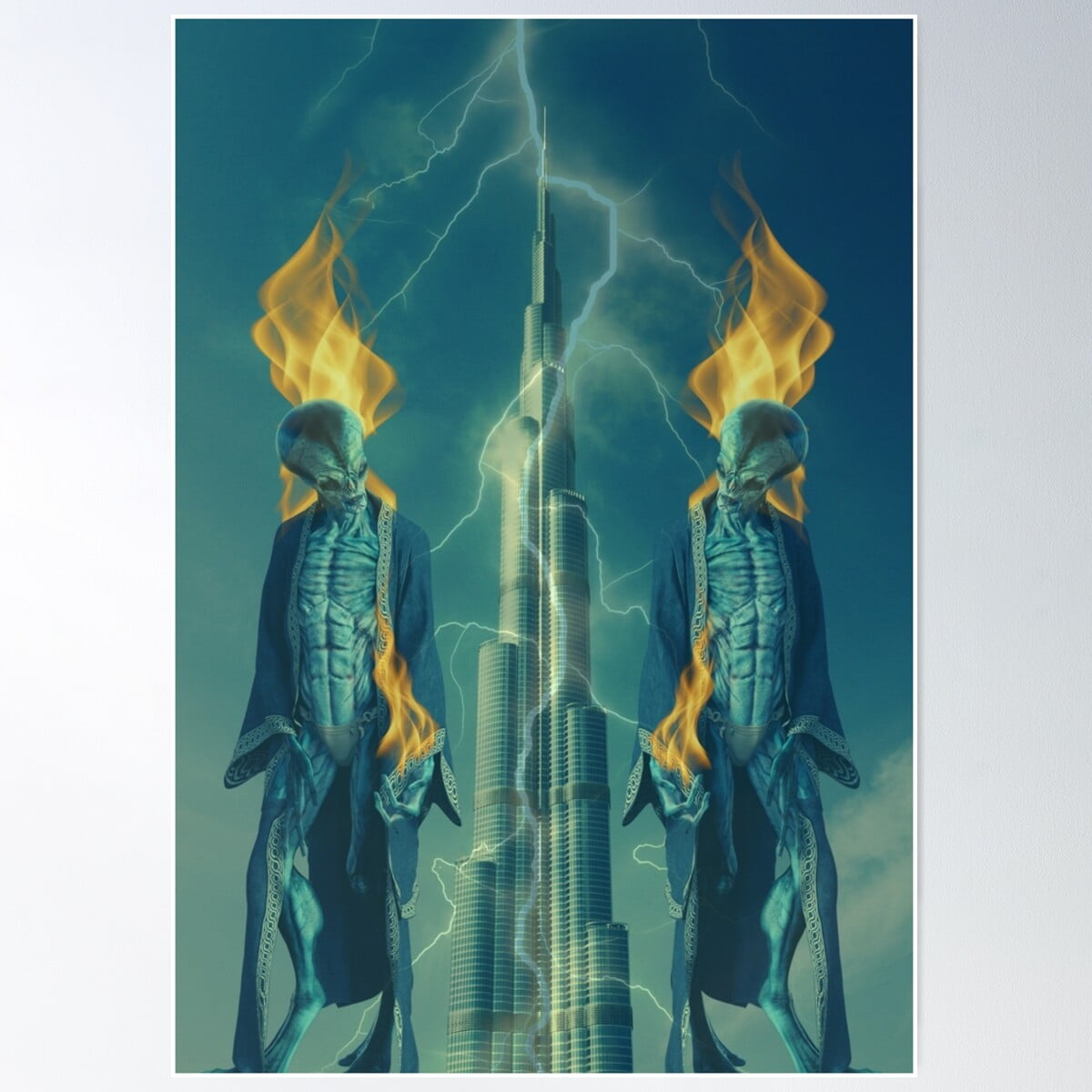 DOPAPRINT Aliens On Fire - Scifi Grey Aliens Art - Blue Grey Aliens ...
