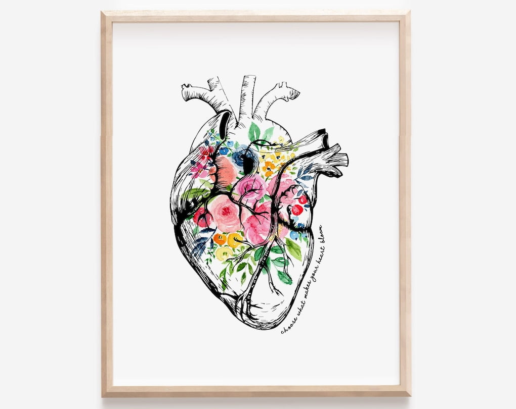 DOPAPRINT Anatomical Heart With Flowers Art Print, Colorful Floral ...