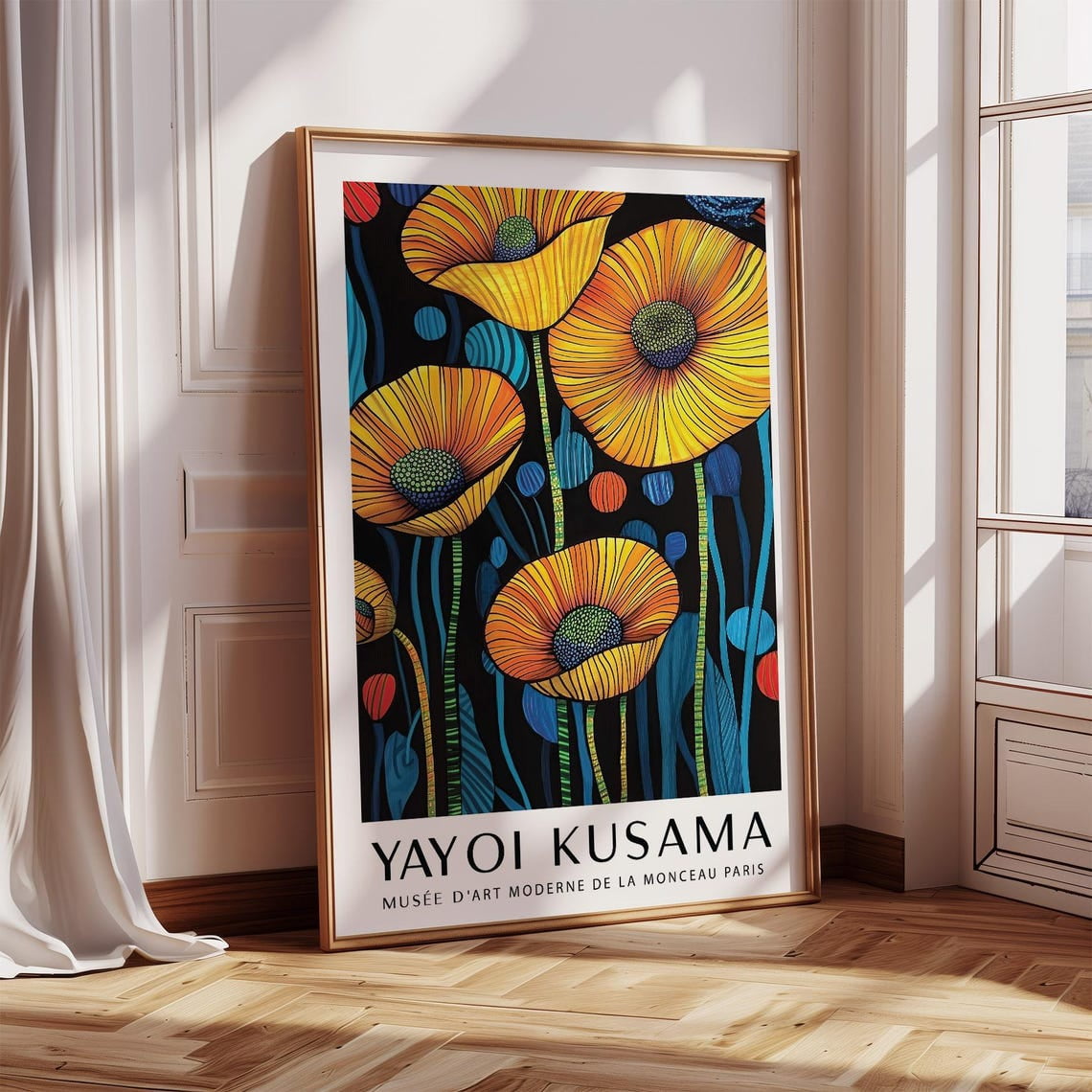 DOPAPRINT Art Of Poppies Bold Yellow And Orange Flower Print With Blue ...