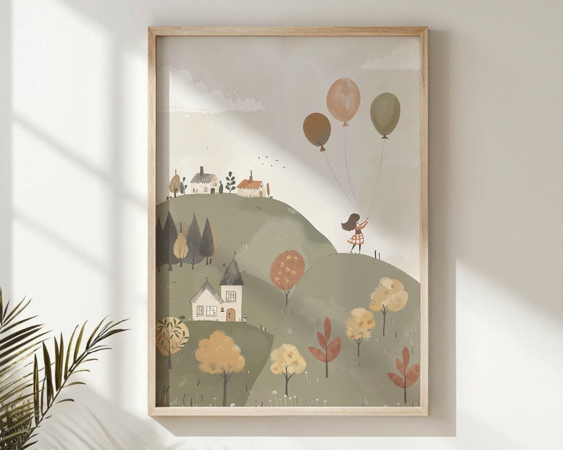 DOPAPRINT Autumn Hills Girl With Balloon Print Nursery Wall Art Kids ...